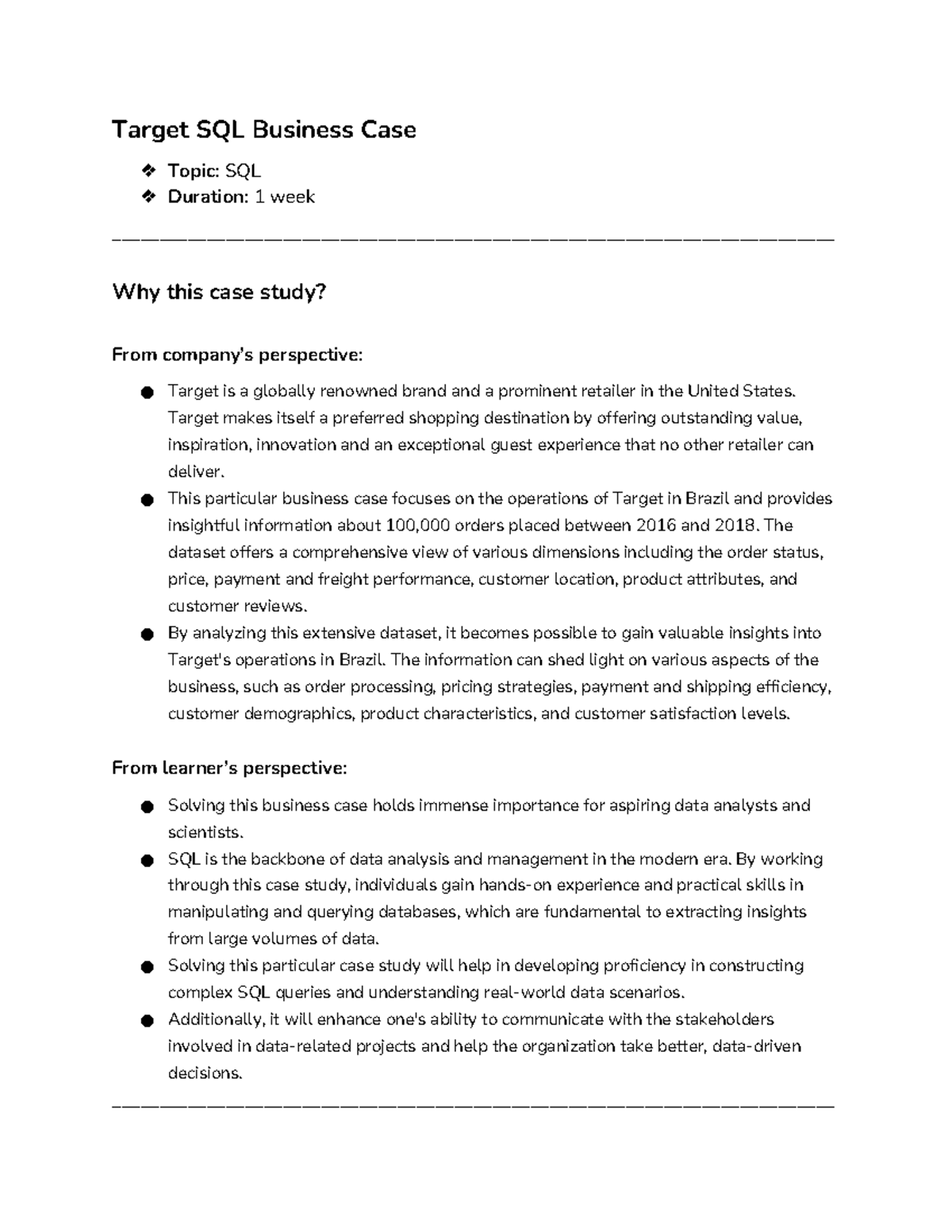 Target SQL - Reference Doc - Target SQL Business Case Topic: SQL Duration: 1 week - Studocu