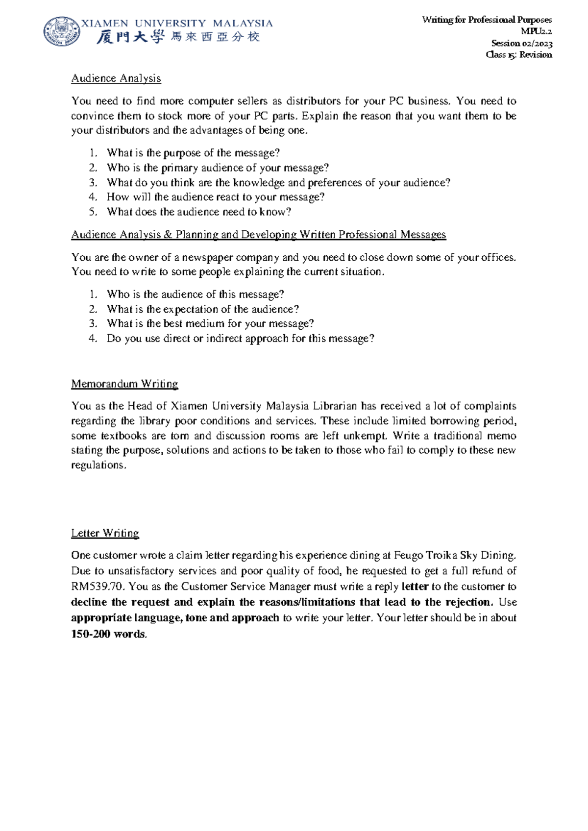 Class 15 Tutorial Writing For Professional Purposes Mpu2 Session 02202 3 Class 15 Revision 