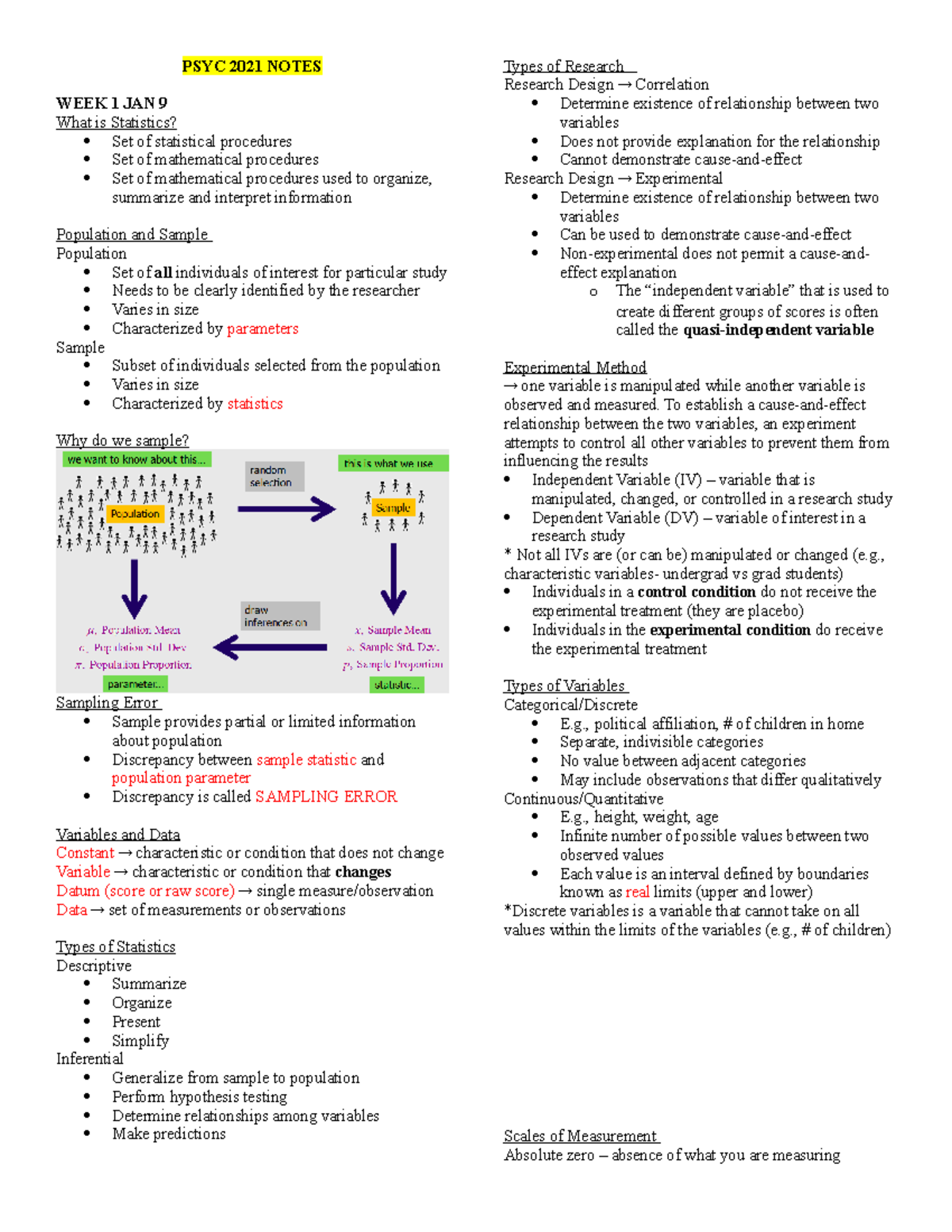 Psyc 2021 Notes Psyc 2021 Notes Week 1 Jan 9 What Is Statistics Set Of Statistical Procedures