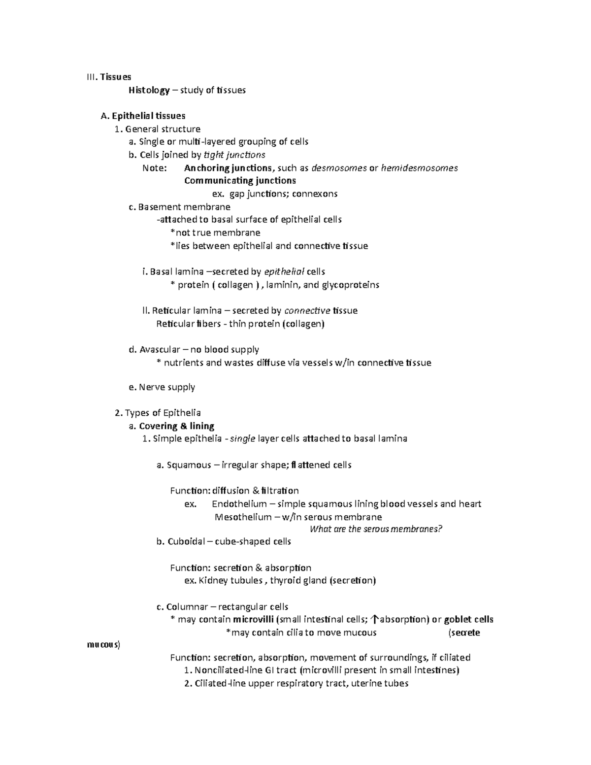 Tissue outline A&P1 handout Lecture - III. Tissues Histology – study of ...