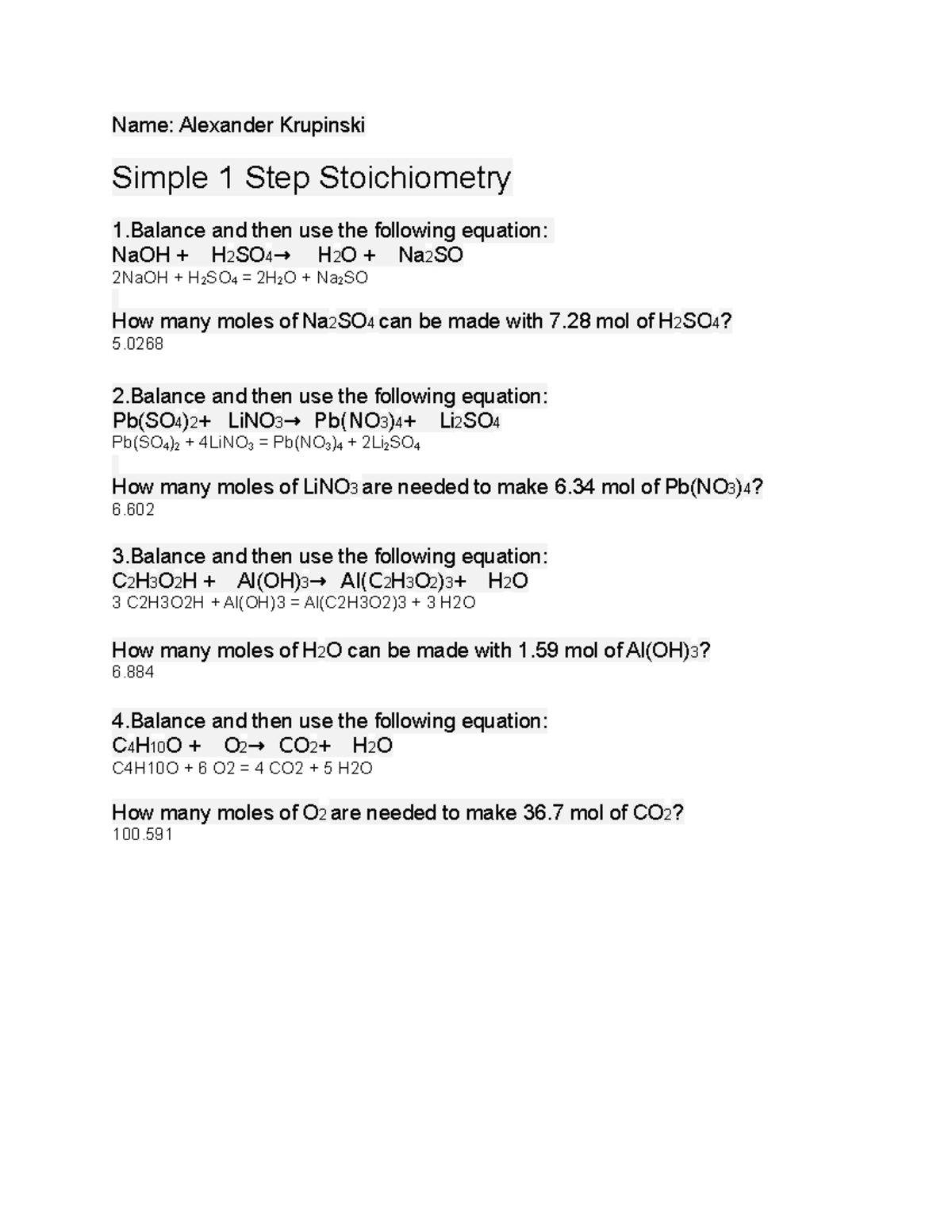 1 step stoichometry 1 12 22 - Name: Alexander Krupinski Simple 1 Step ...