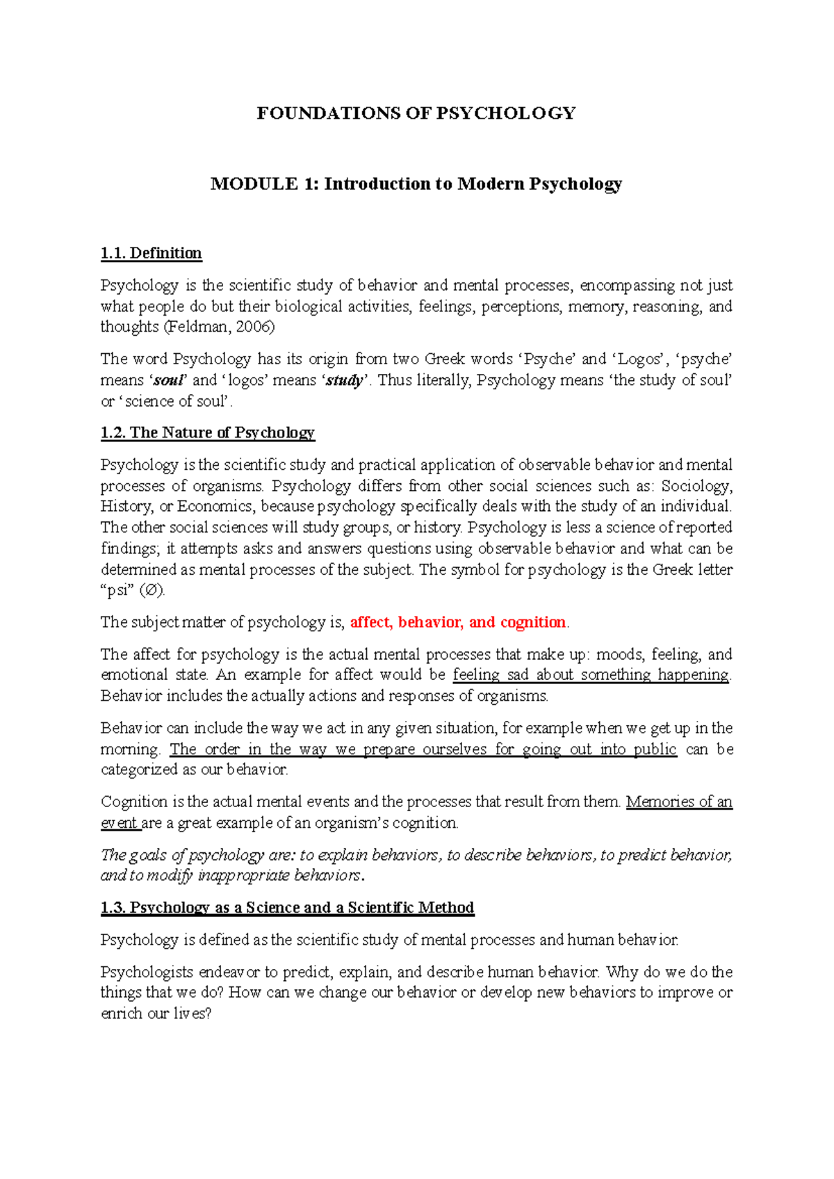 Module 1 - FOUNDATIONS OF PSYCHOLOGY MODULE 1: Introduction to Modern Psychology Definition ...