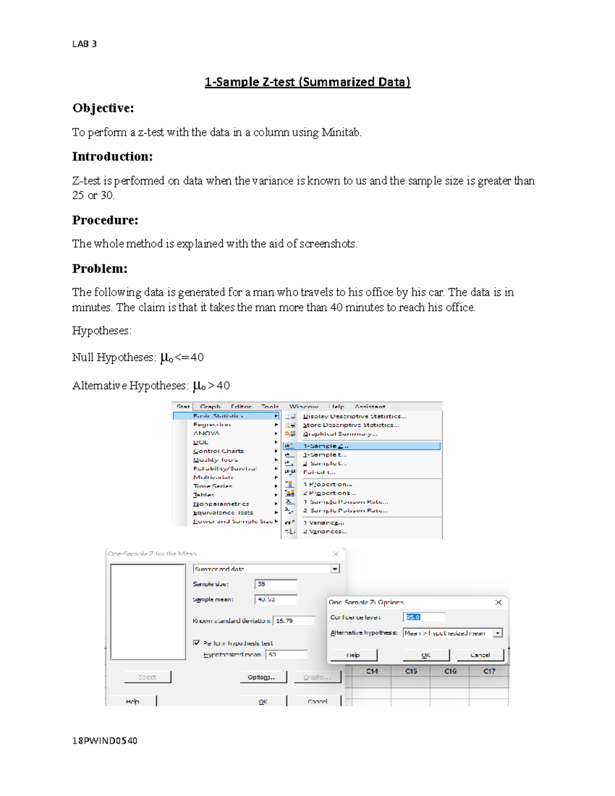 (18 Pwind 0540) LAB - These are lab reports of DOE - LAB 3 1-Sample Z ...