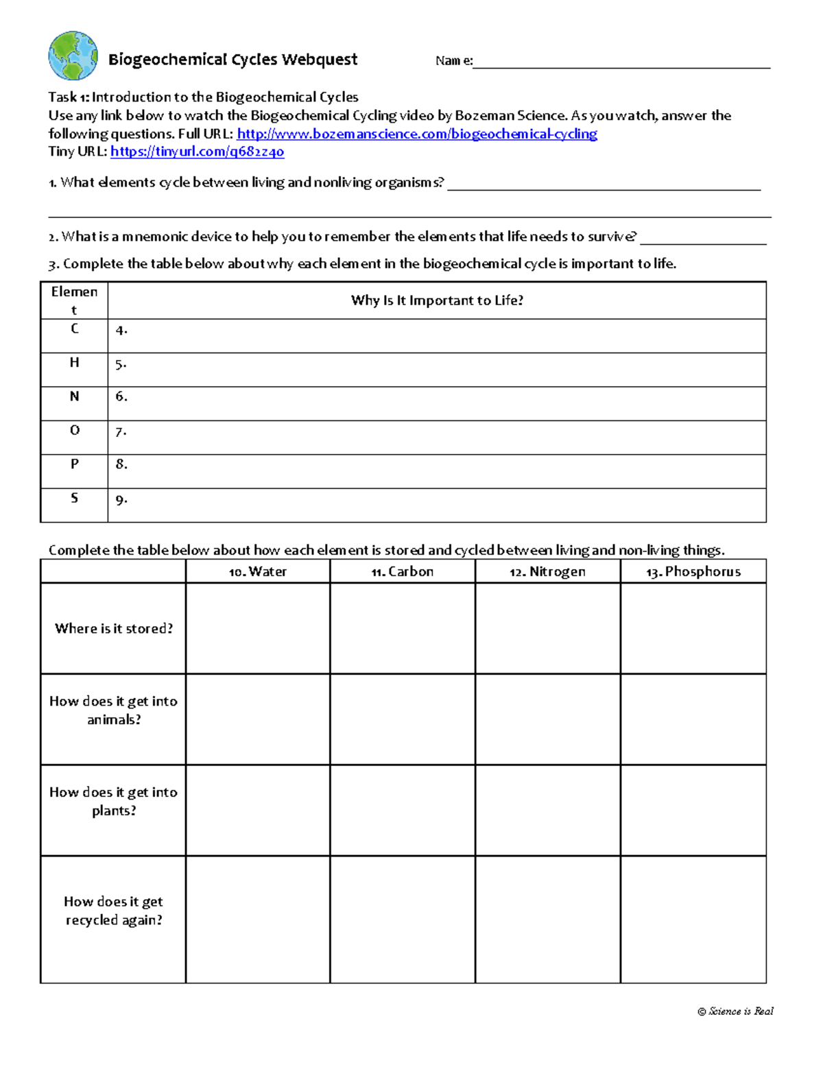 Biogeochemical Cycles Webquest Handout - Biogeochemical Cycles Webquest ...