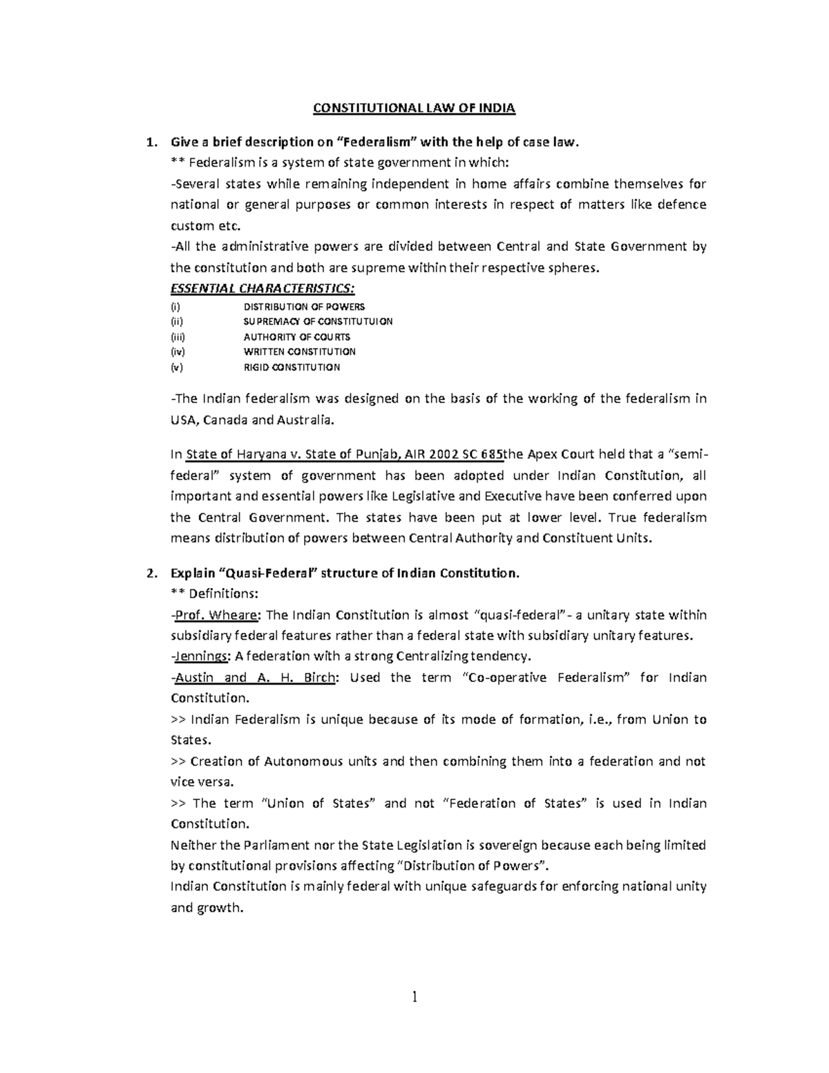 Constitutional Law Notes - CONSTITUTIONAL LAW OF INDIA Give a brief ...