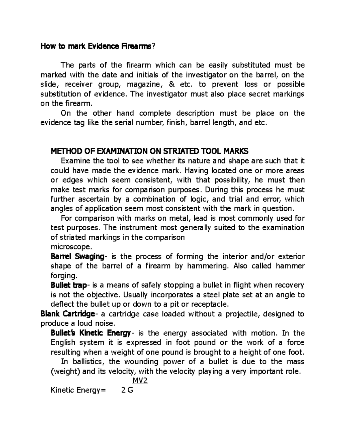 Crime Scene - handouts - How to mark Evidence Firearms? The parts of ...