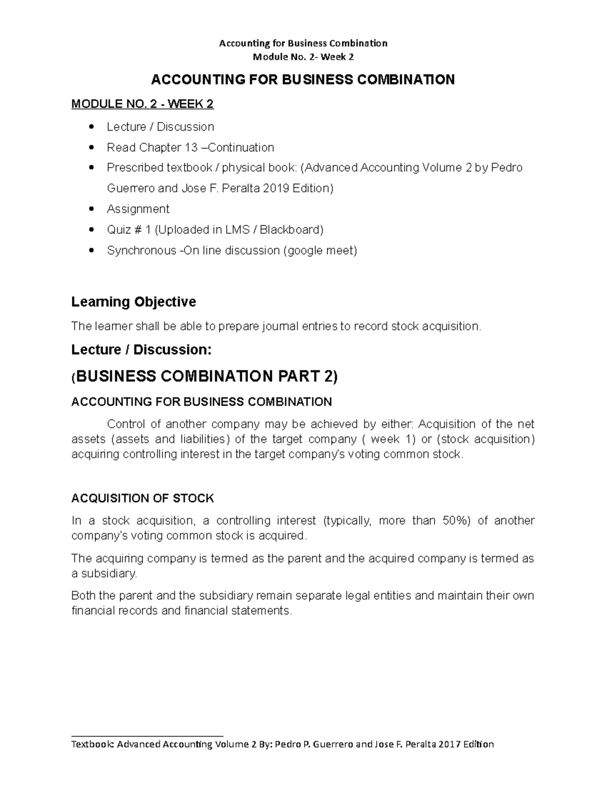 Module no. 2- week 2 Acctg. for business combination - Module No. 2 ...