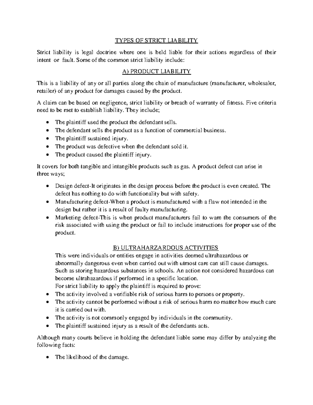 Types OF Strict Liability - TYPES OF STRICT LIABILITY Strict liability ...