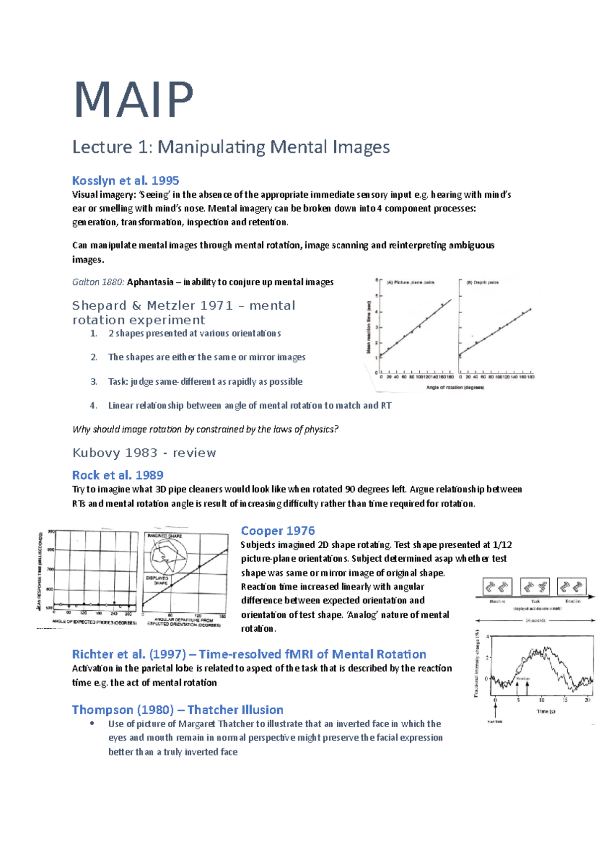MAIP Lecture Notes - MAIP Lecture 1: Manipulating Mental Images Kosslyn ...