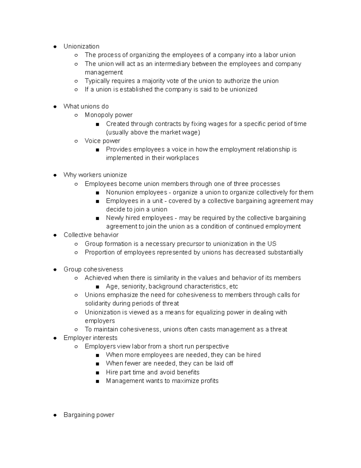 Notes 2 - Unionization The process of organizing the employees of a ...