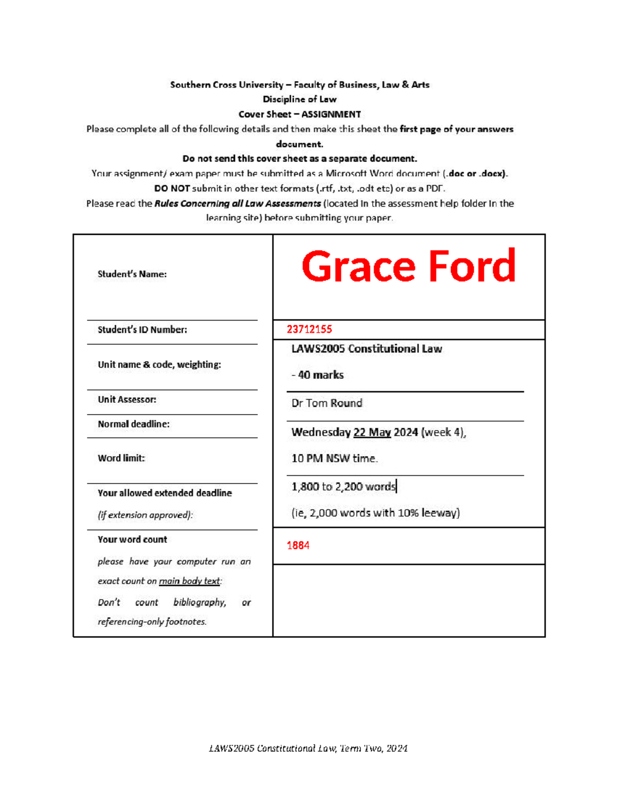 Grace Ford - Constitutional Law Assignment on RDA - Grace Ford 23712155 ...