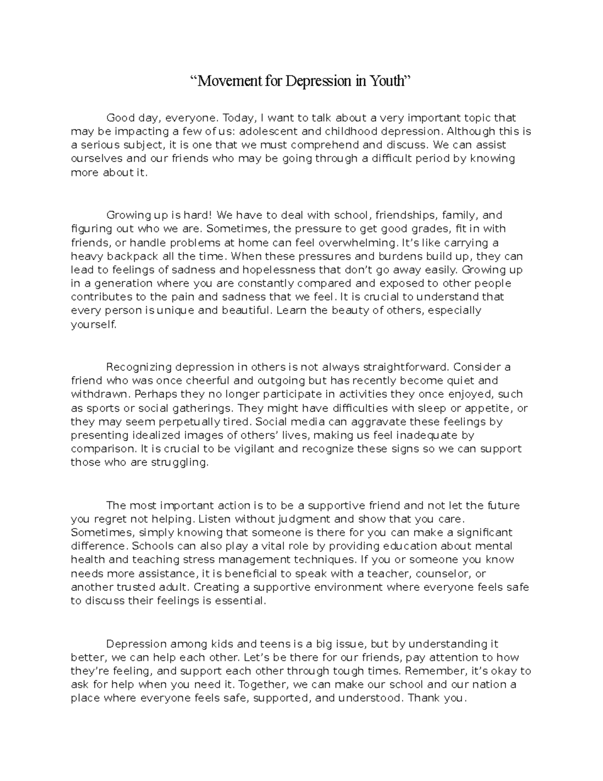 Movement for Depression in Youth - “Movement for Depression in Youth ...