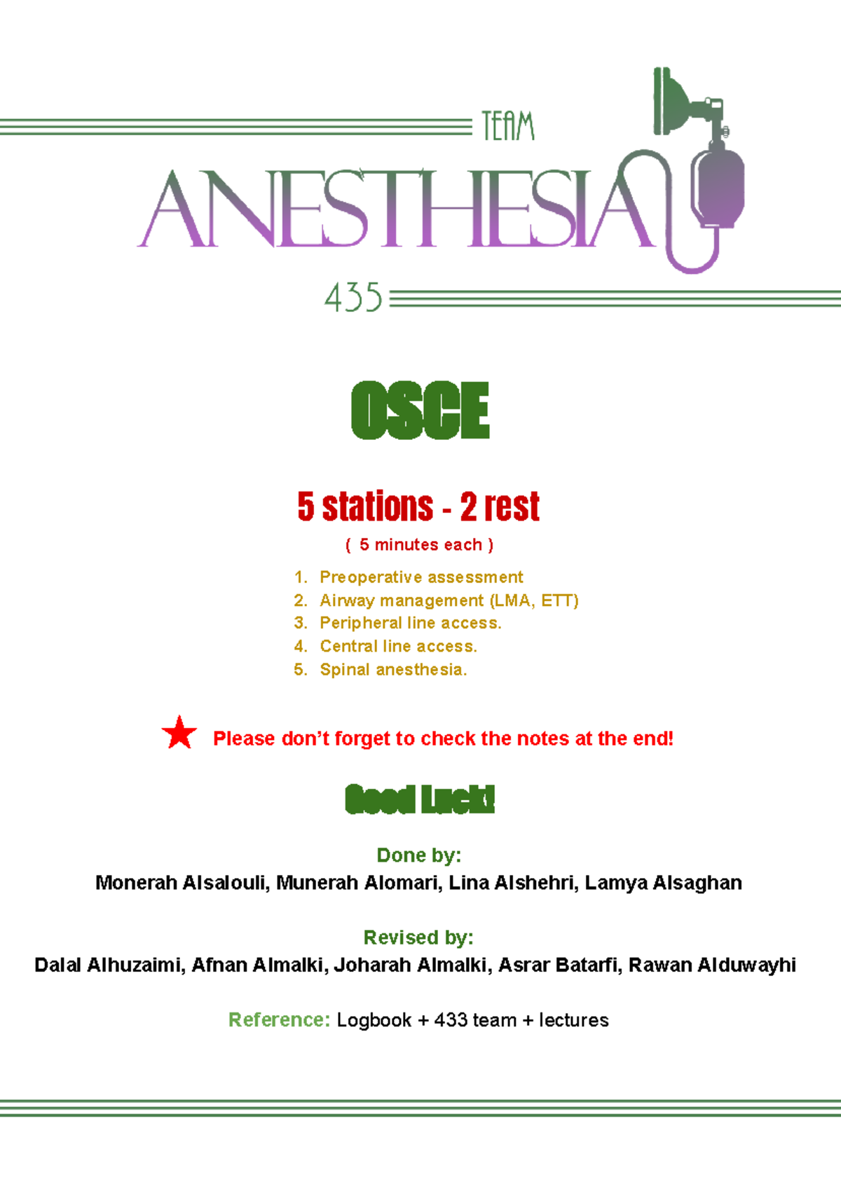 Anasthesia OSCE ( revised ) - OSCEOSCE 5 stations - 2 rest ( 5 minutes ...