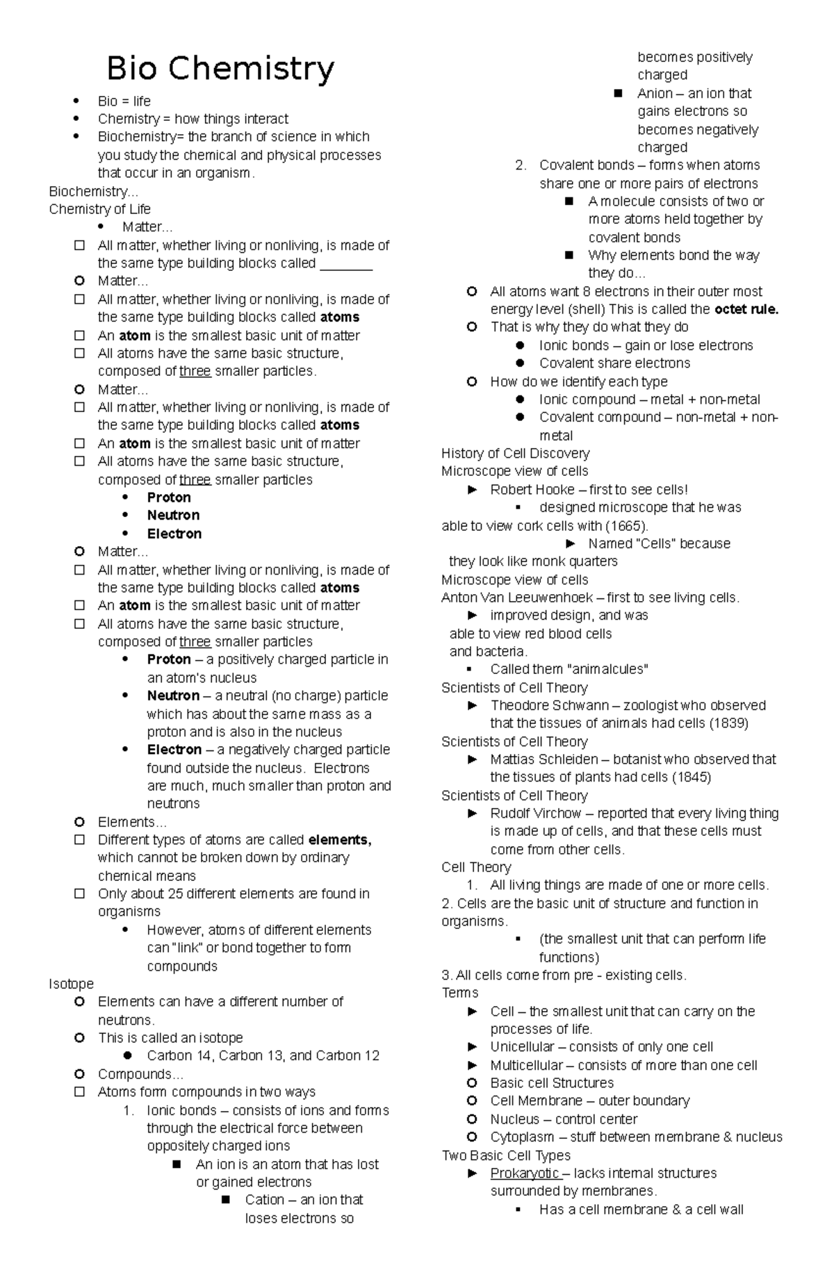 Biochem 1st Sem Notes - Bio Chemistry Bio = life Chemistry = how things ...