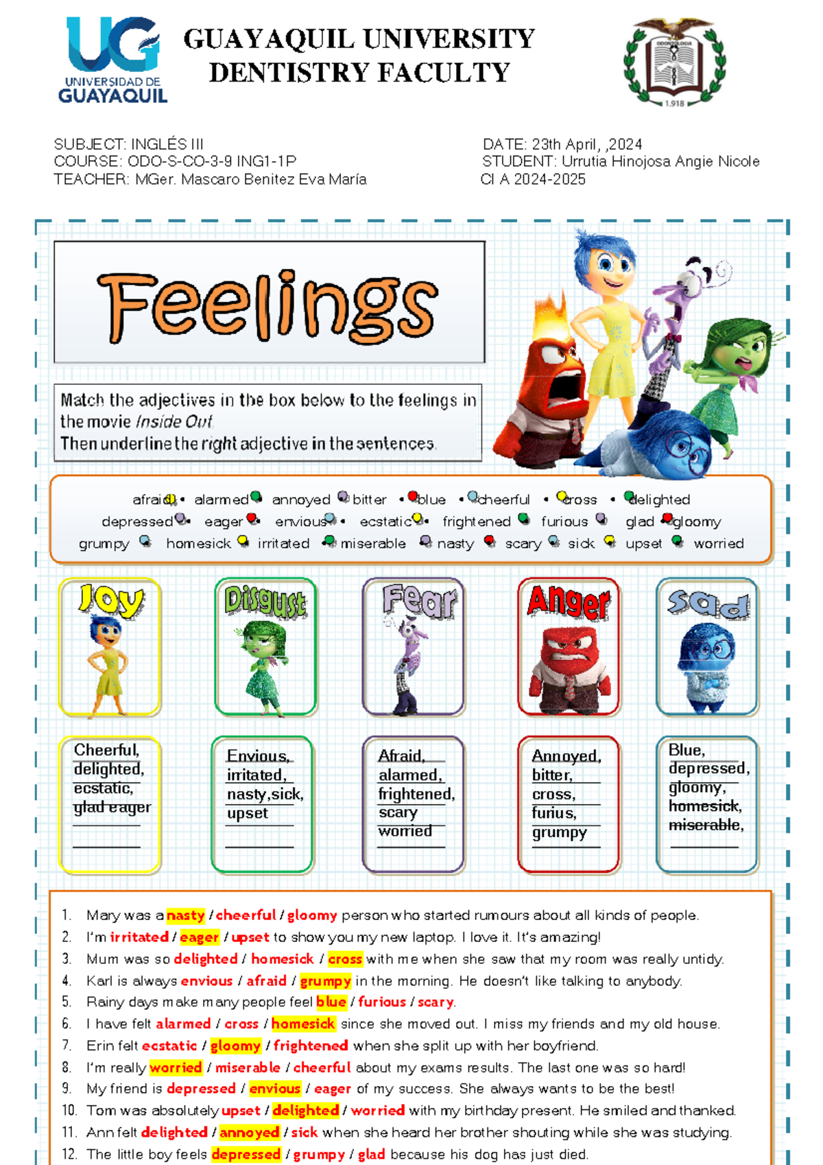 UNIT 3 Inside OUT - Feelings AND Emotions - SUBJECT: INGLÉS III DATE ...