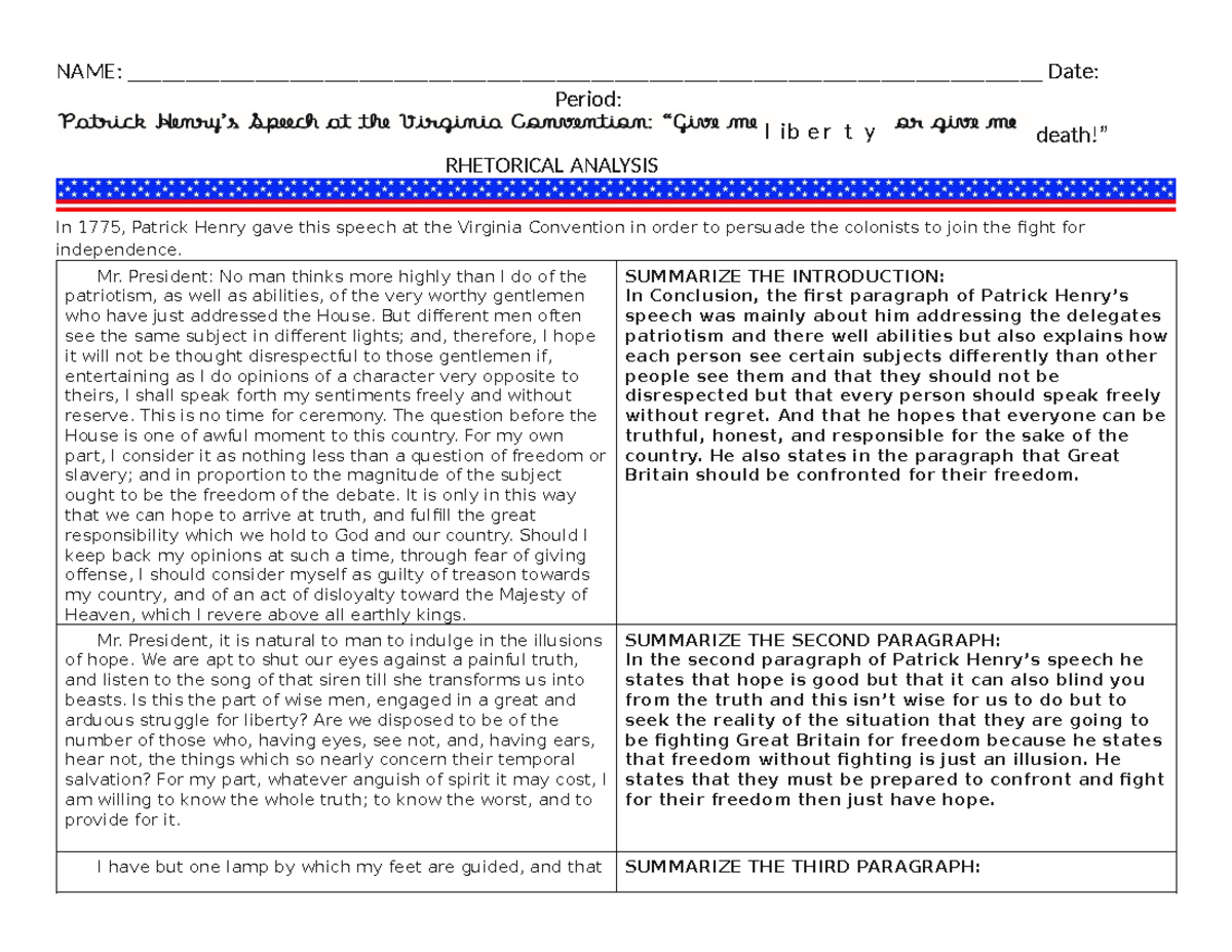 Patrick Henry Analysis - NAME: - Studocu