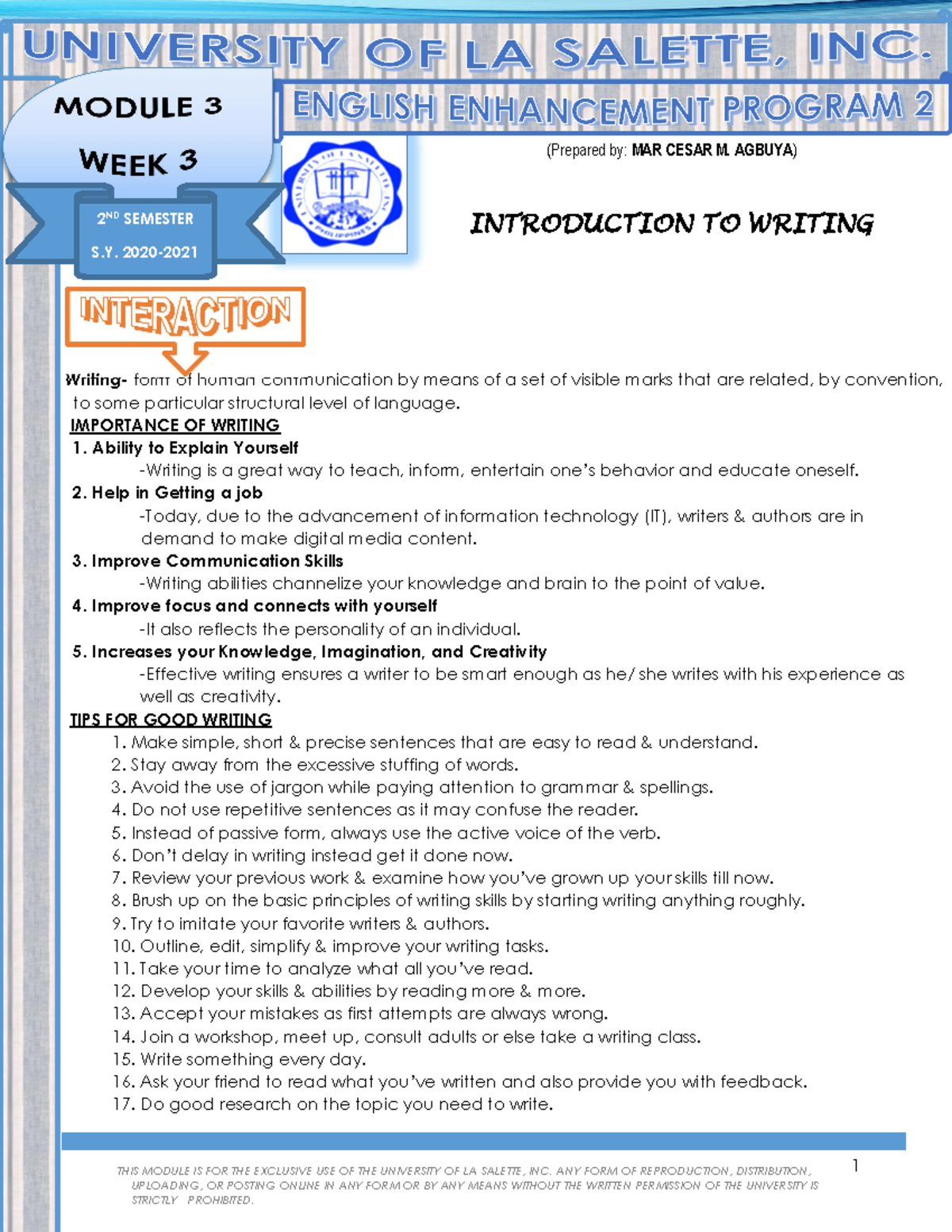 Lecture Notes module 3 - THIS MODULE IS FOR THE EXCLUSIVE USE OF THE ...