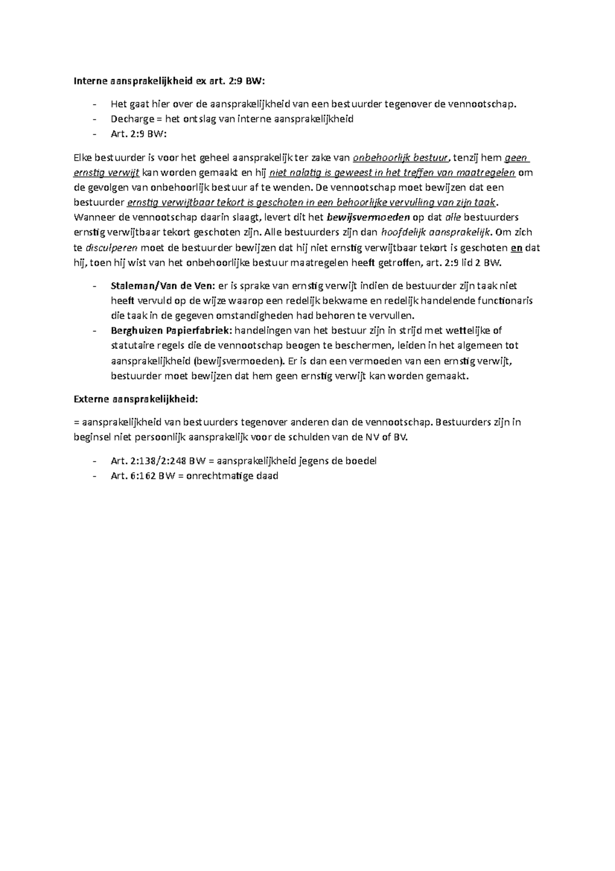 Interne en externe aansprakelijkheid bestuurders - Interne aansprakelijkheid ex art. 2:9 BW ...