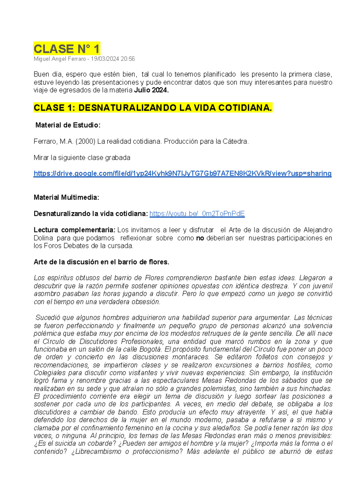 Devolución Foros Debate - CLASE N° 1 Miguel Angel Ferraro - 19/03/2024 ...