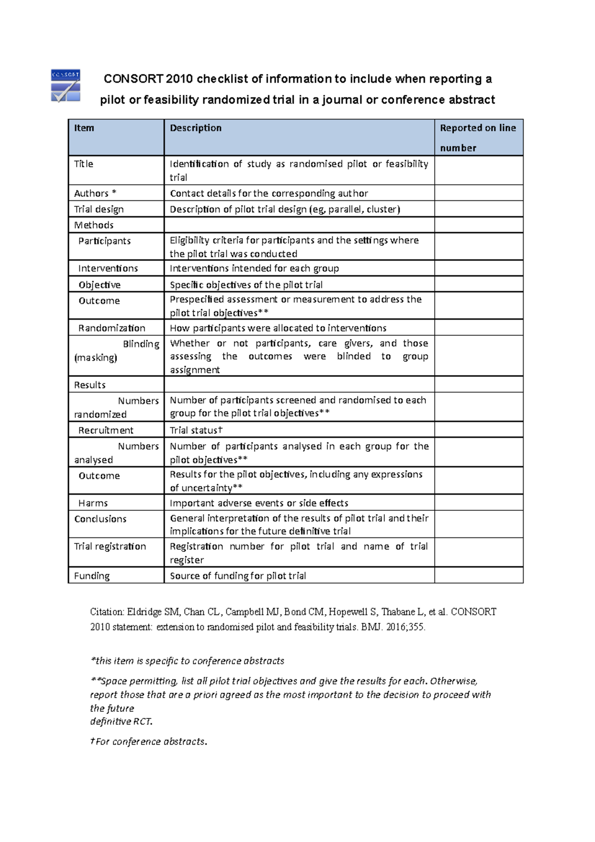 Consort extension for Pilot and Feasibility Trials Abstracts Checklist ...