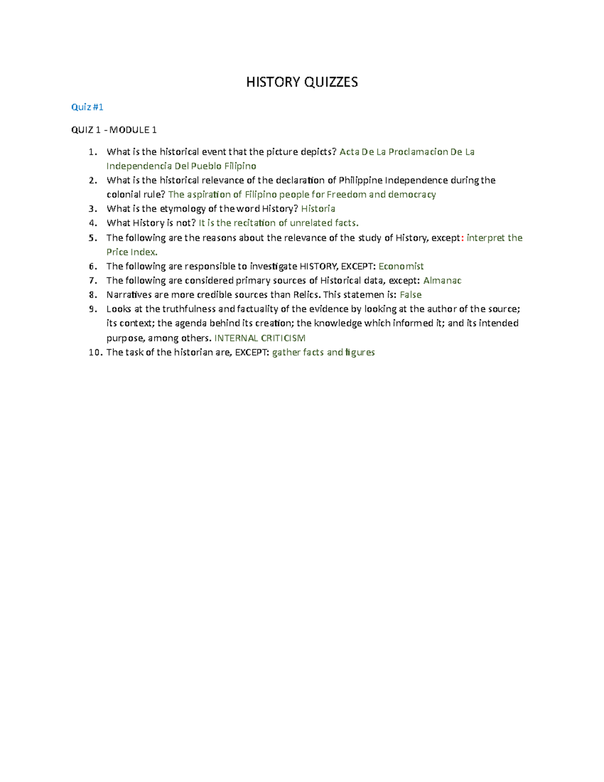 History Quiz #1 (historical events) - HISTORY QUIZZES Quiz # QUIZ 1 ...