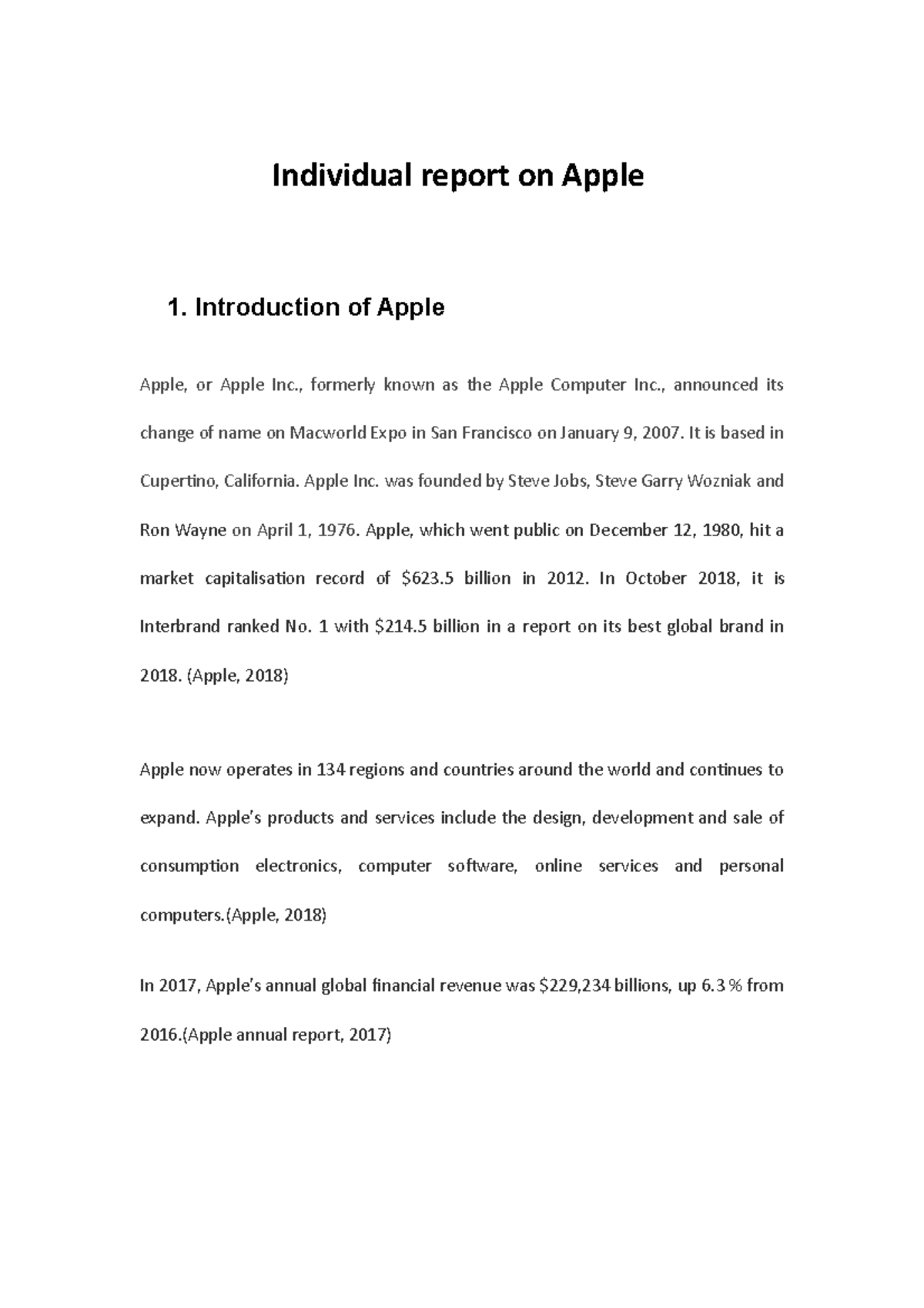 Individual report on Apple - Introduction of Apple Apple, or Apple Inc ...