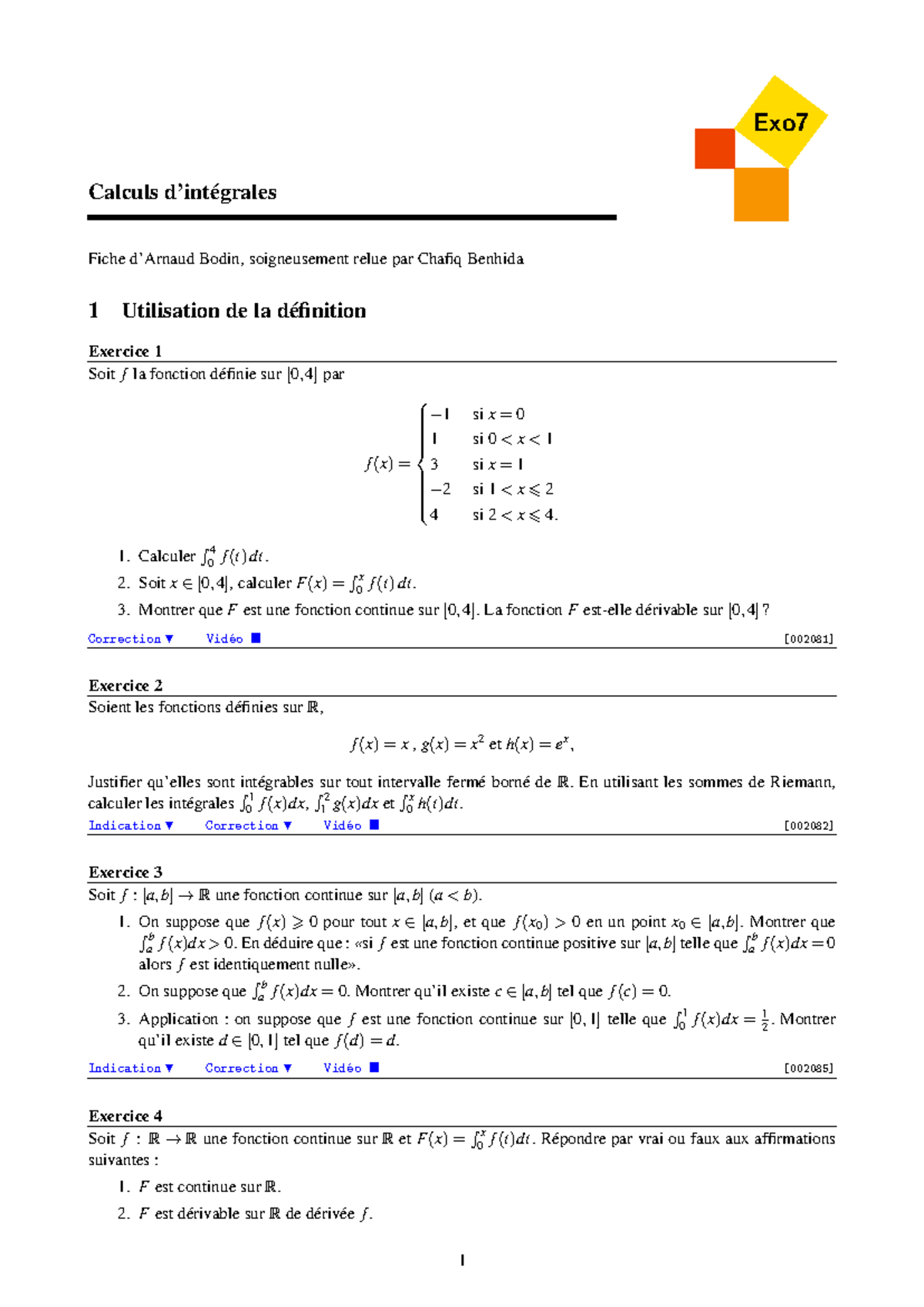 Fic00015 - Résumé Outils Mathématiques - Exo Calculs d’intégrales Fiche ...
