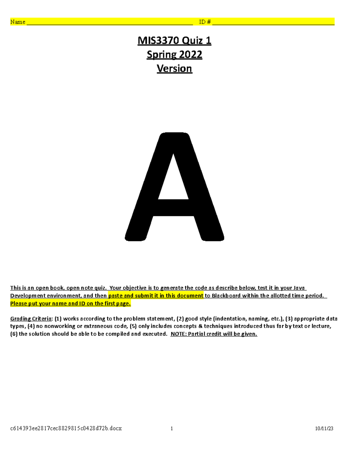 2022 Quiz 1 Spring - Knighton - Final with Solution - Name - Studocu