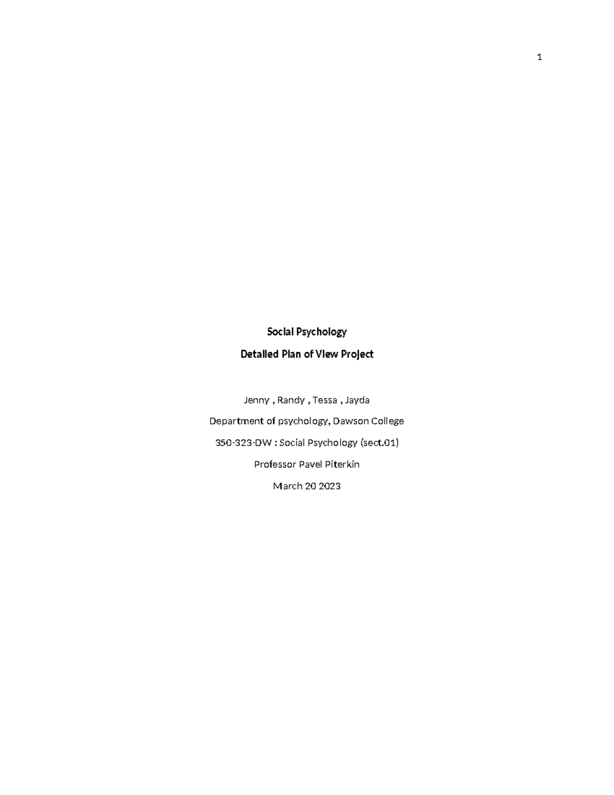 Psych paper 1 final - Social Psychology Detailed Plan of View Project ...