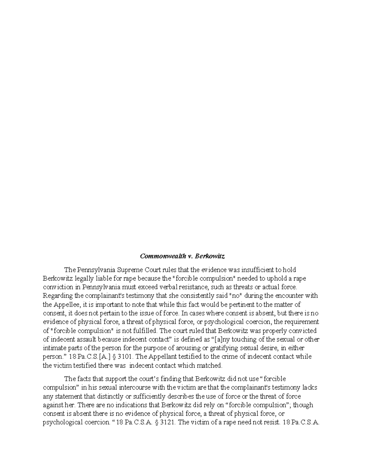 Topic 3 Extra Credit JUS430 2024 - Commonwealth v. Berkowitz The ...