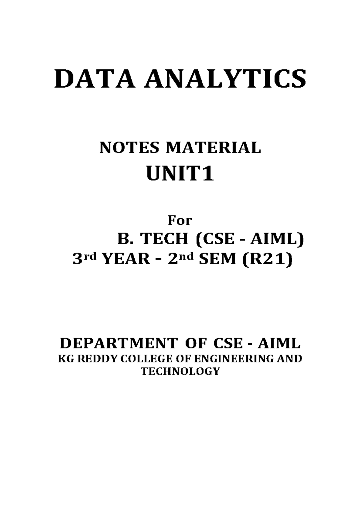 DA Unit 1 - DATA ANALYTICS NOTES MATERIAL UNIT For B. TECH (CSE - AIML ...