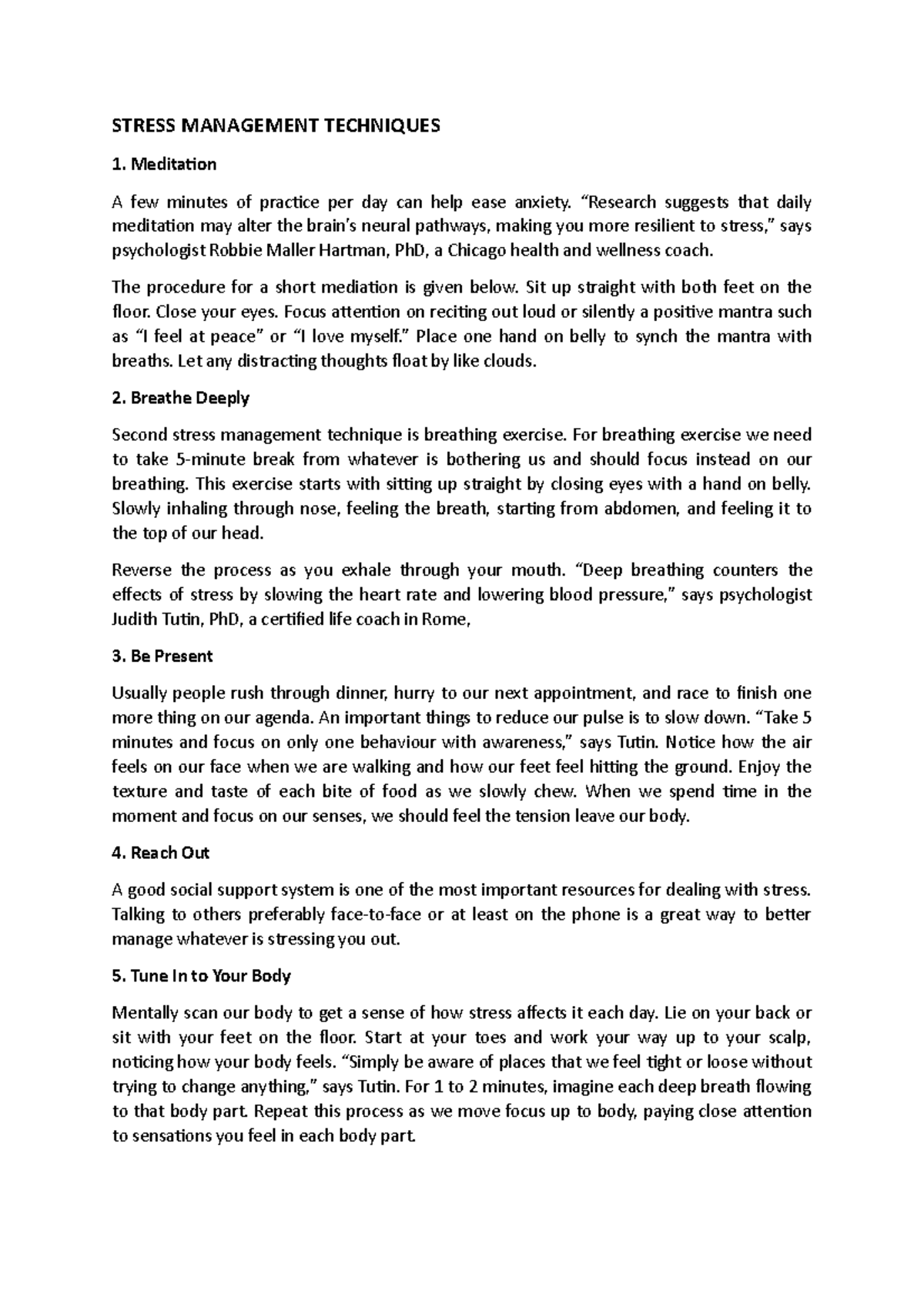 Stress Management Techniques - STRESS MANAGEMENT TECHNIQUES Meditation ...