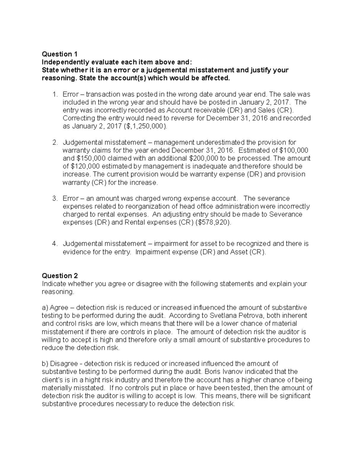 Auditing assignment - Question 1 Independently evaluate each item above ...