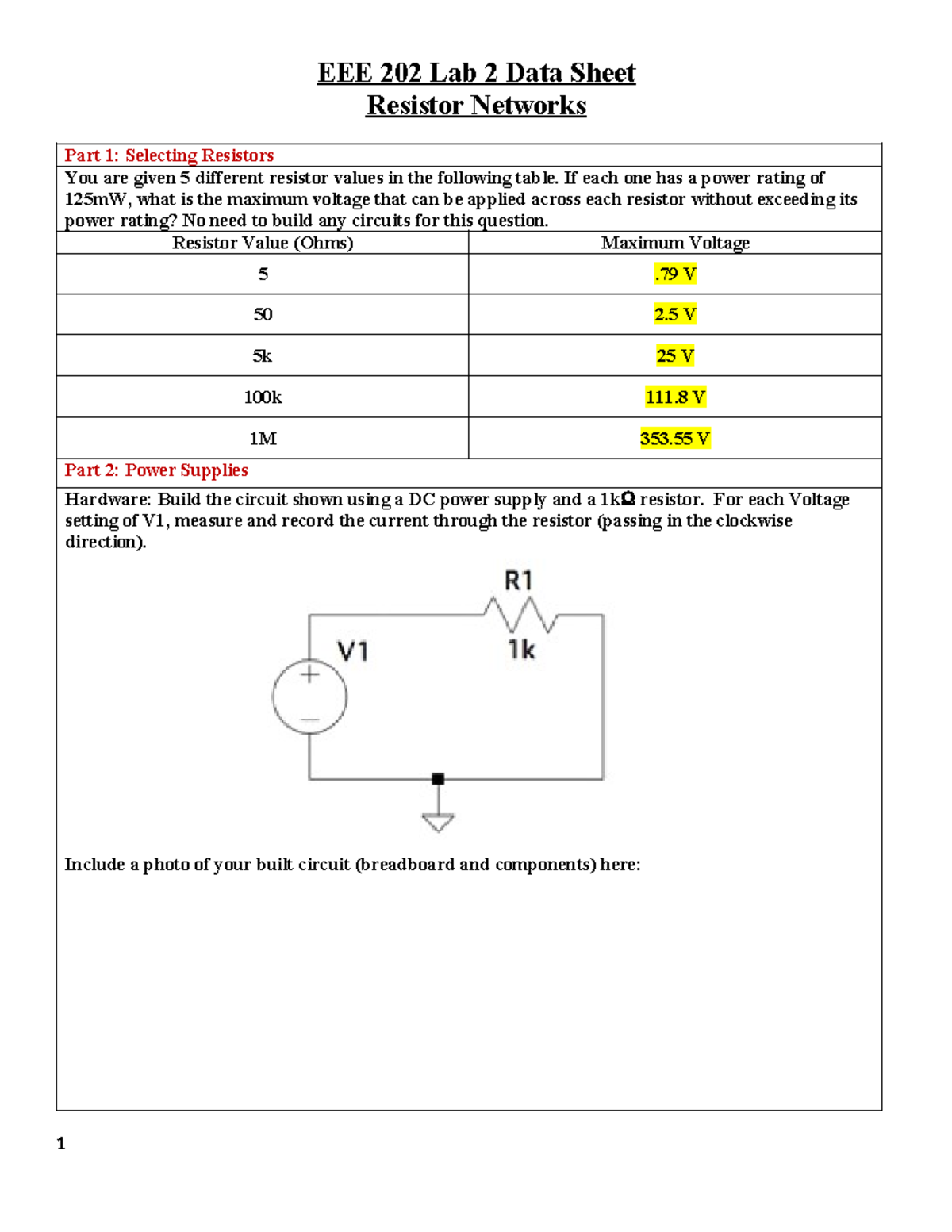 EEE 202 Lab 2 Data Sheet - EEE 202 Lab 2 Data Sheet Resistor Networks Part 1: Selecting ...