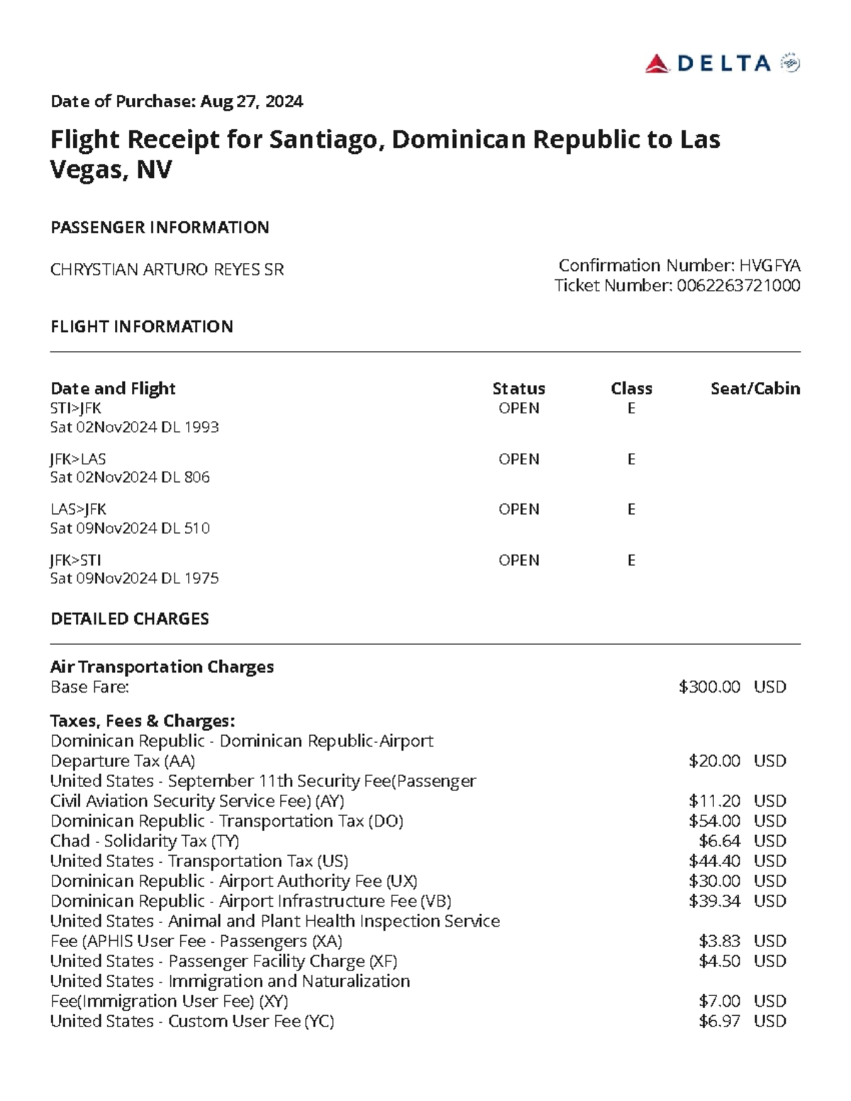 Receipts - tareas - Date of Purchase: Aug 27, 2024 Flight Receipt for ...
