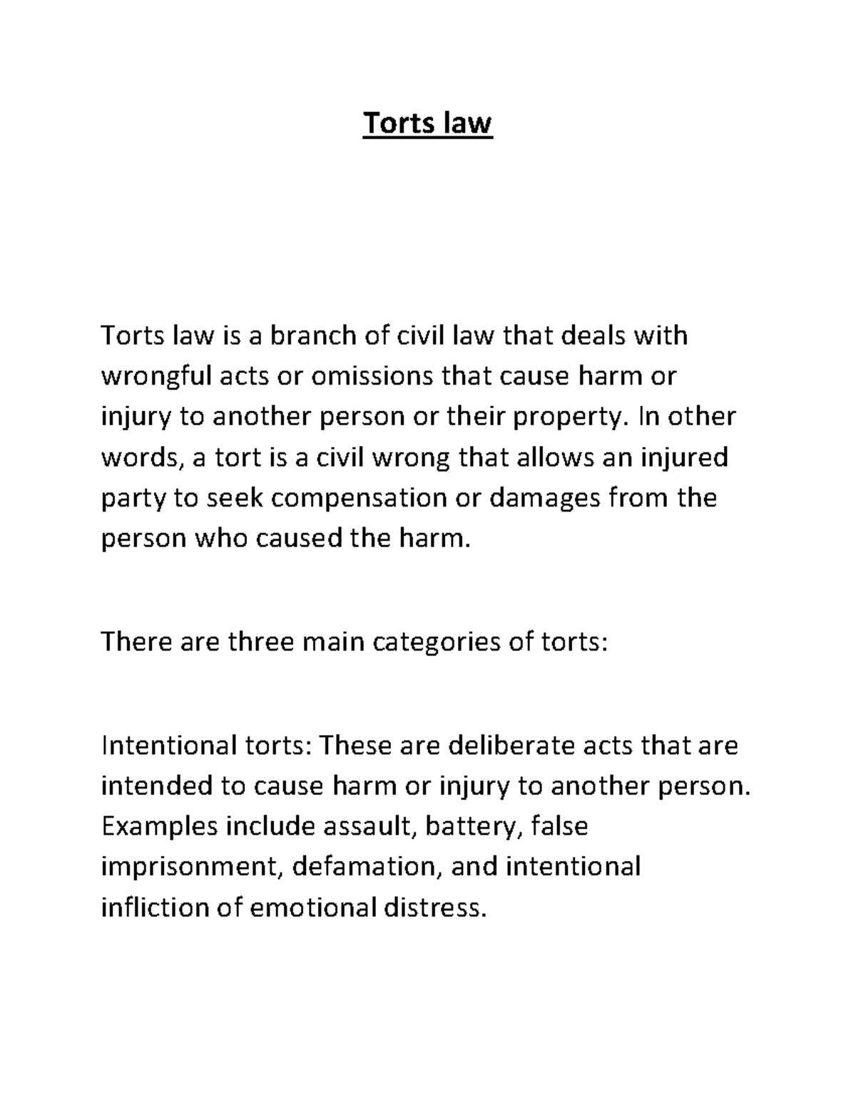 Torts law and rule 1 - Torts law Torts law is a branch of civil law ...