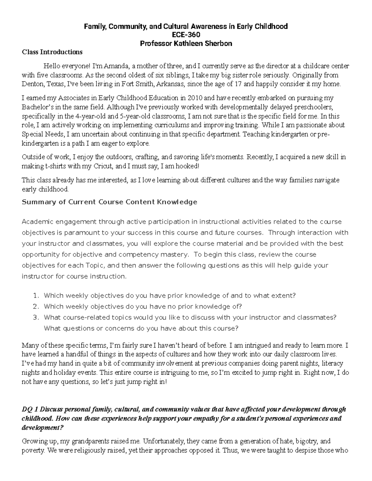 WEEK 1 Discussion Questions - Family, Community, and Cultural Awareness ...