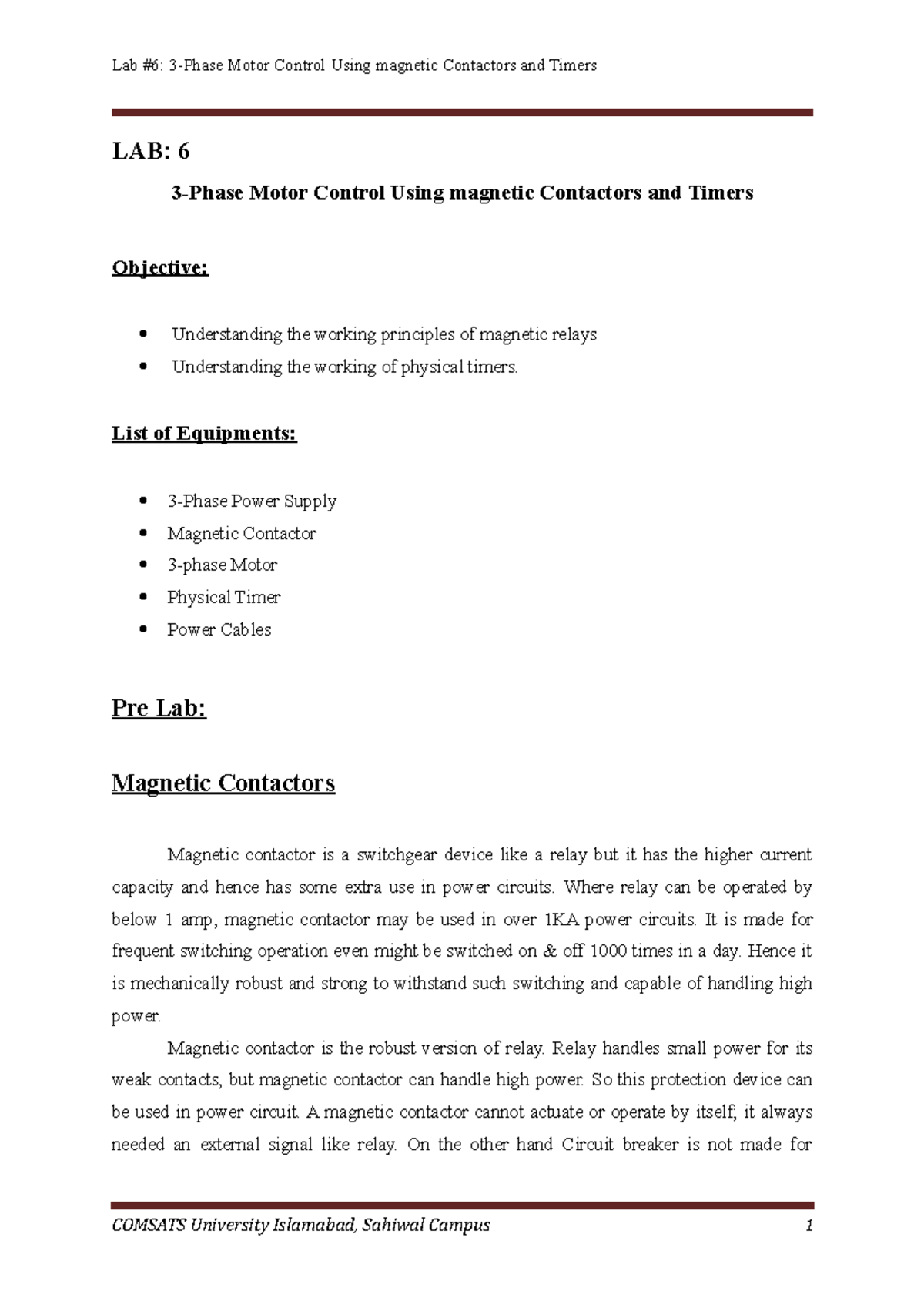 Experiment No 06 - industrial electronics - LAB: 6 3-Phase Motor Control Using magnetic ...