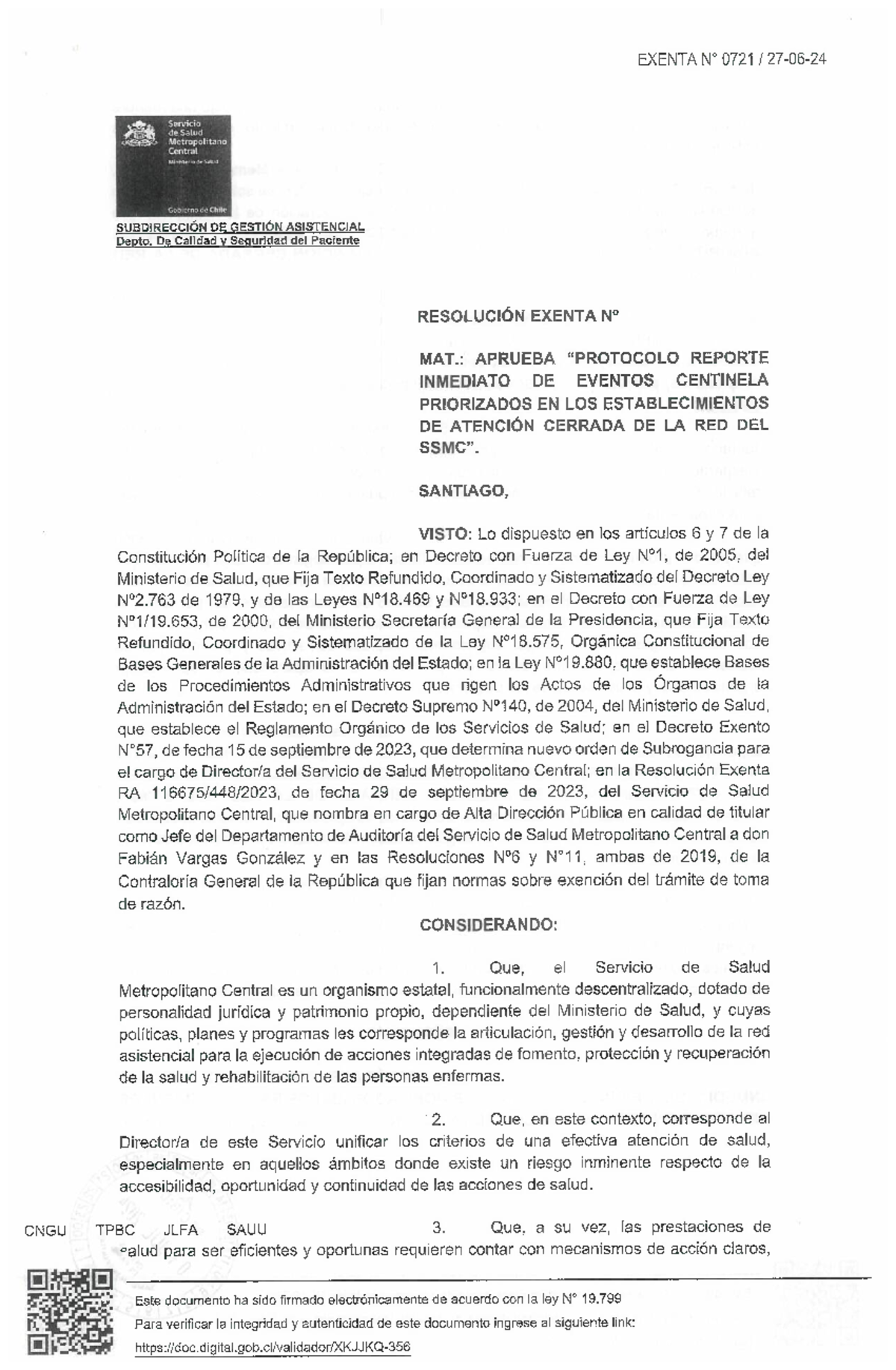 R.e 0721 - Nna sajene Kokobela, C. I. D - EXENTA 0721 Servicio de Salud ...