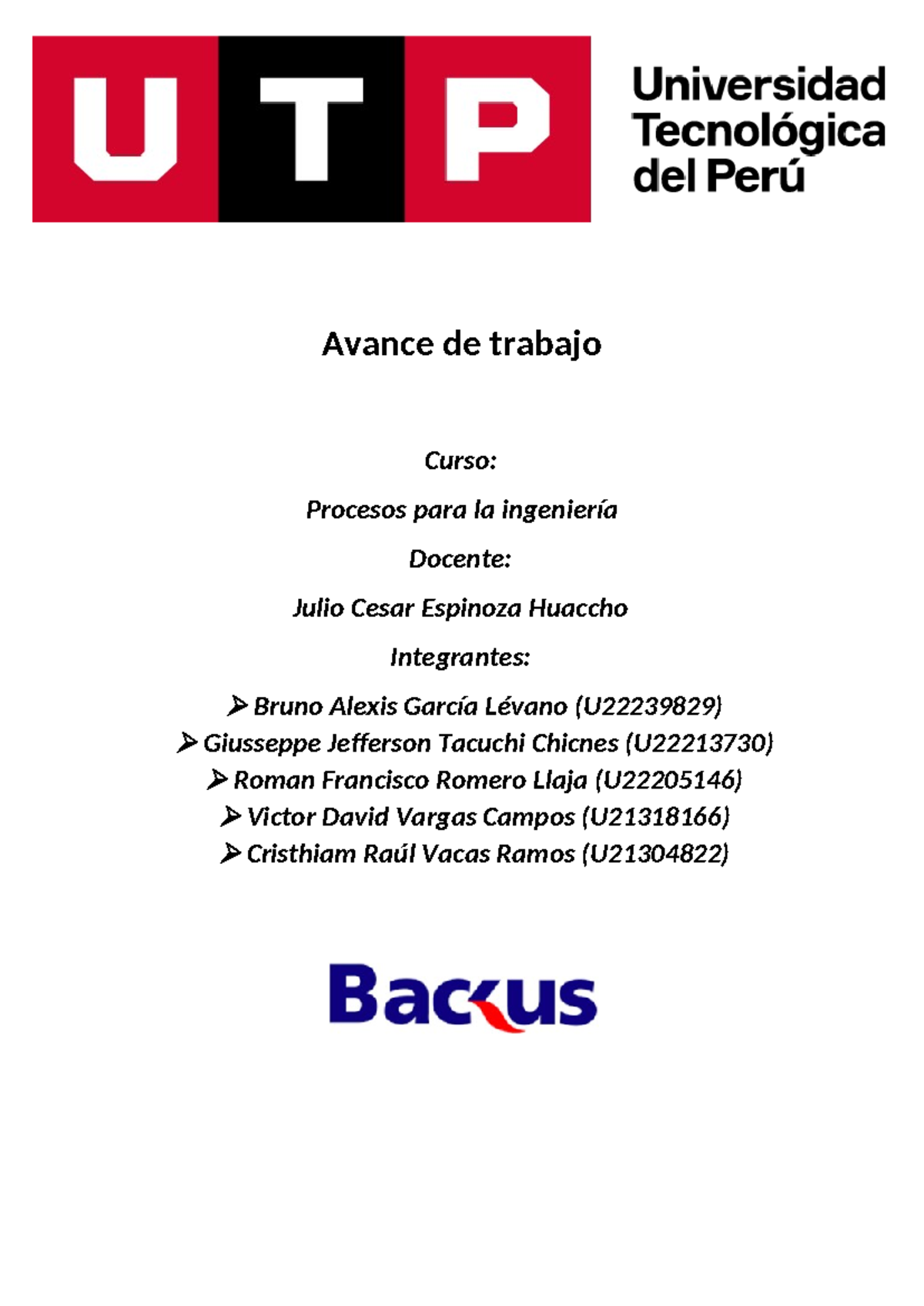 Avance de trabajo - kklll - Avance de trabajo Curso: Procesos para la ...