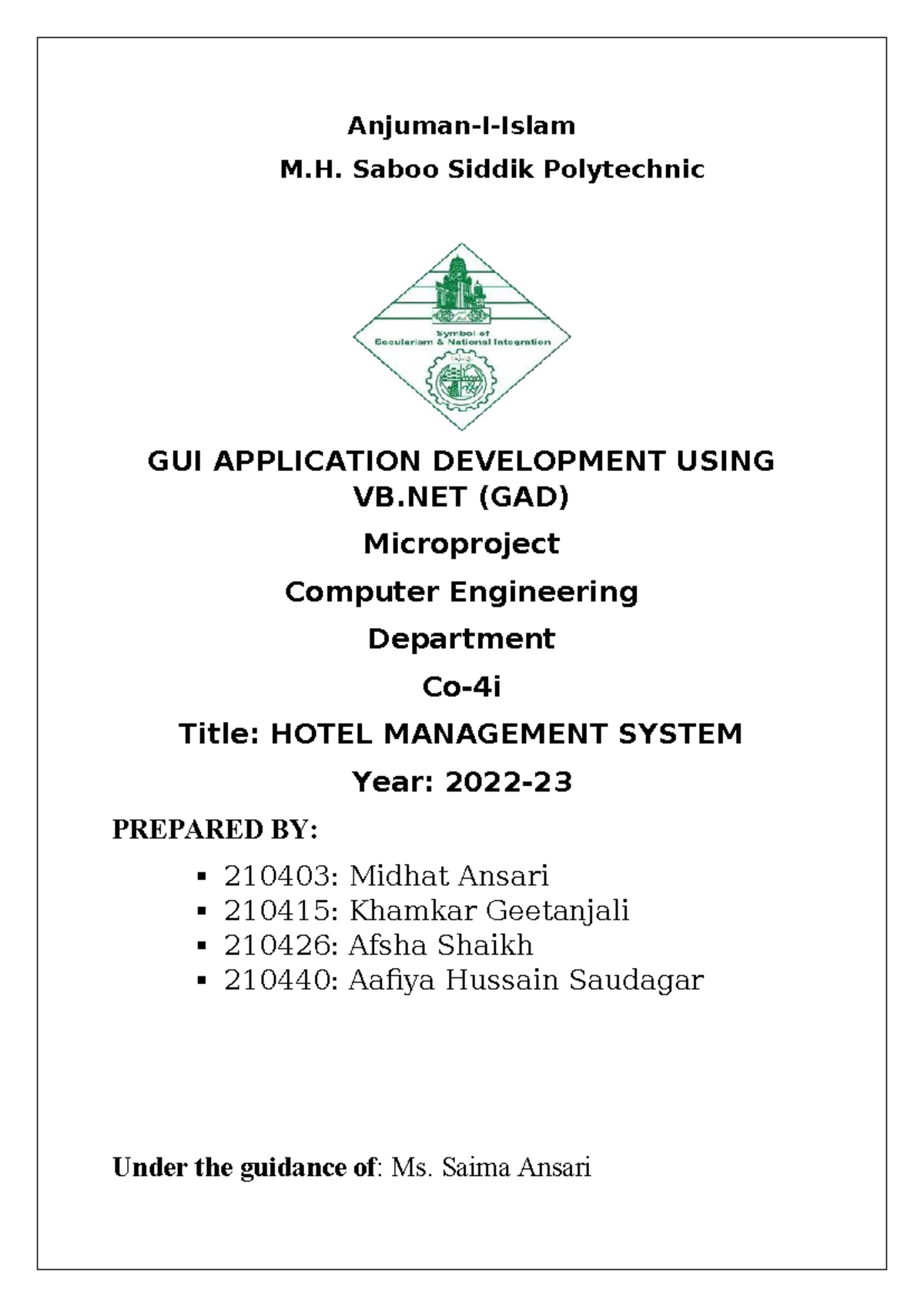 GAD MP - Anjuman-I-Islam M. Saboo Siddik Polytechnic GUI APPLICATION DEVELOPMENT USING VB (GAD ...