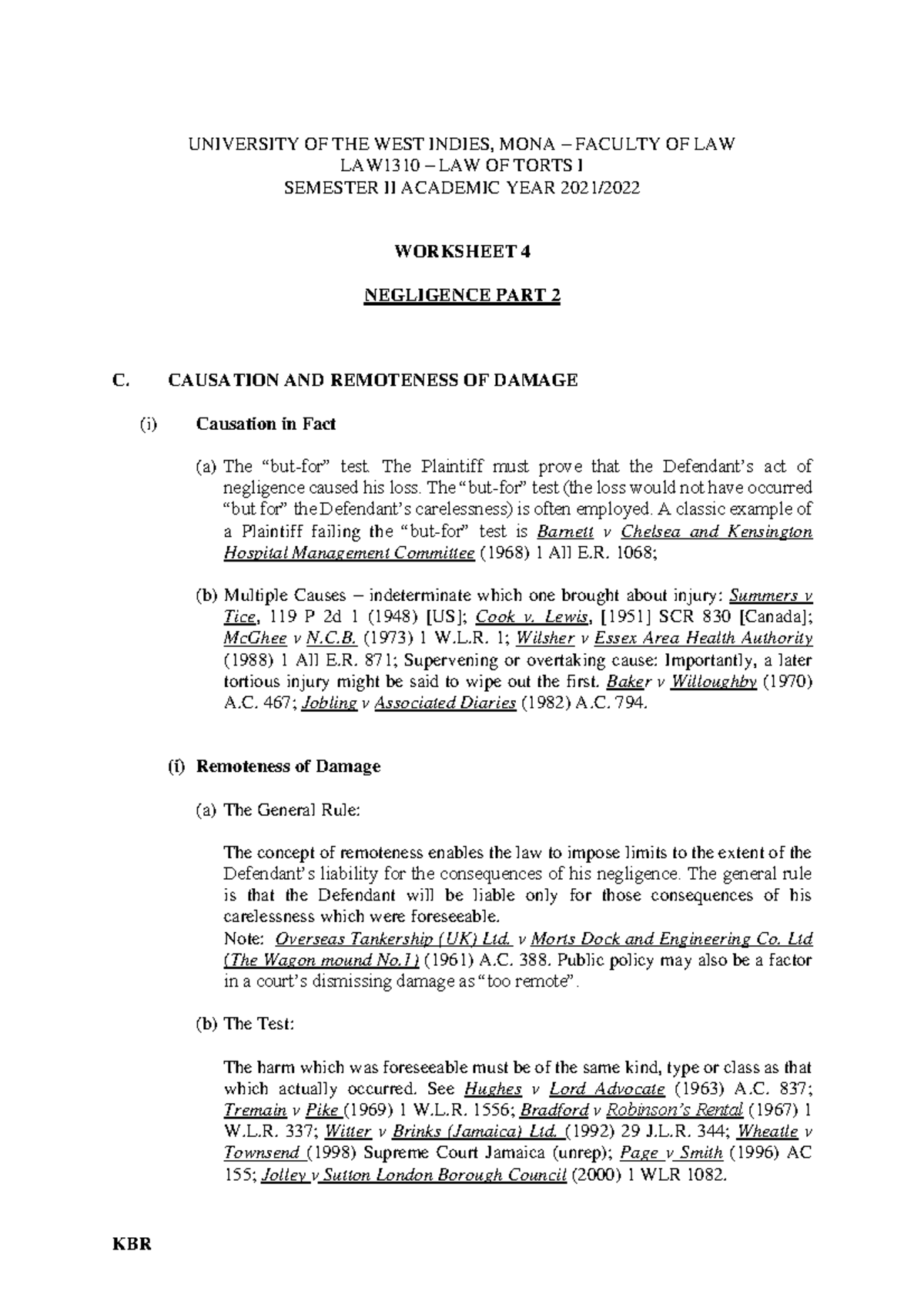 Tort I Worksheet 4-Negligence Part 2 (elements and cases) - Law of ...