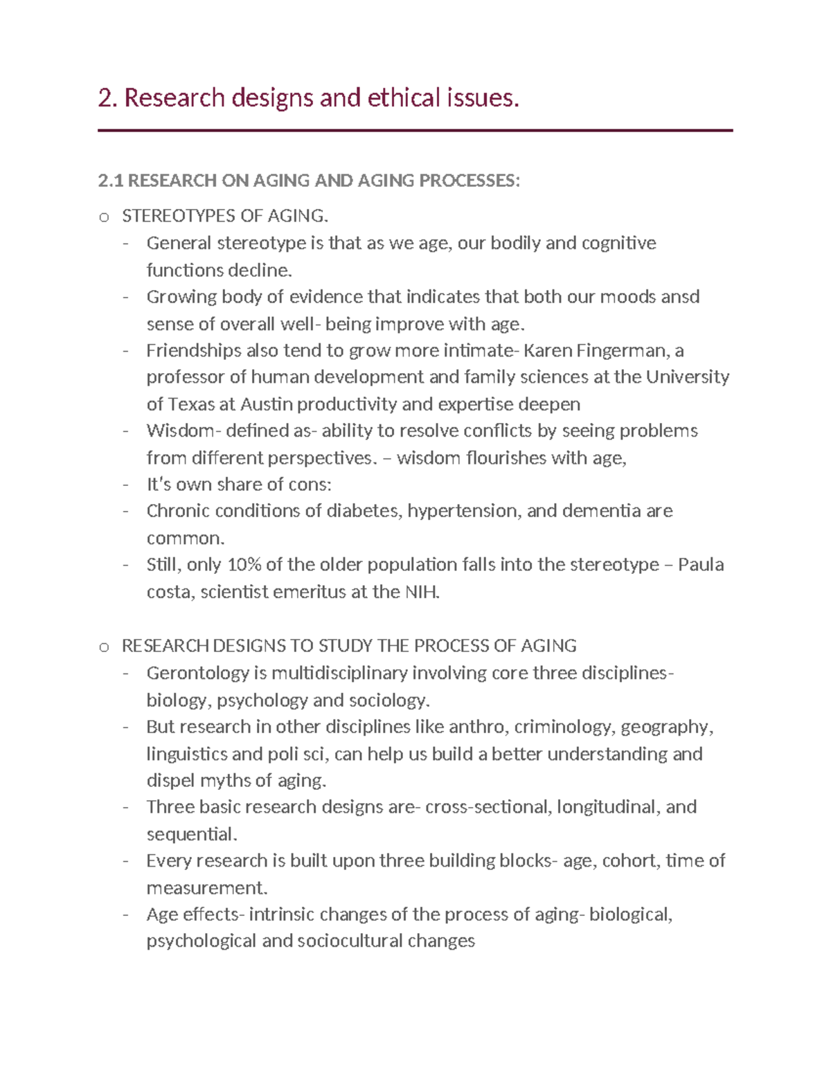 CH2 notes - 2. Research designs and ethical issues. 2 RESEARCH ON AGING ...