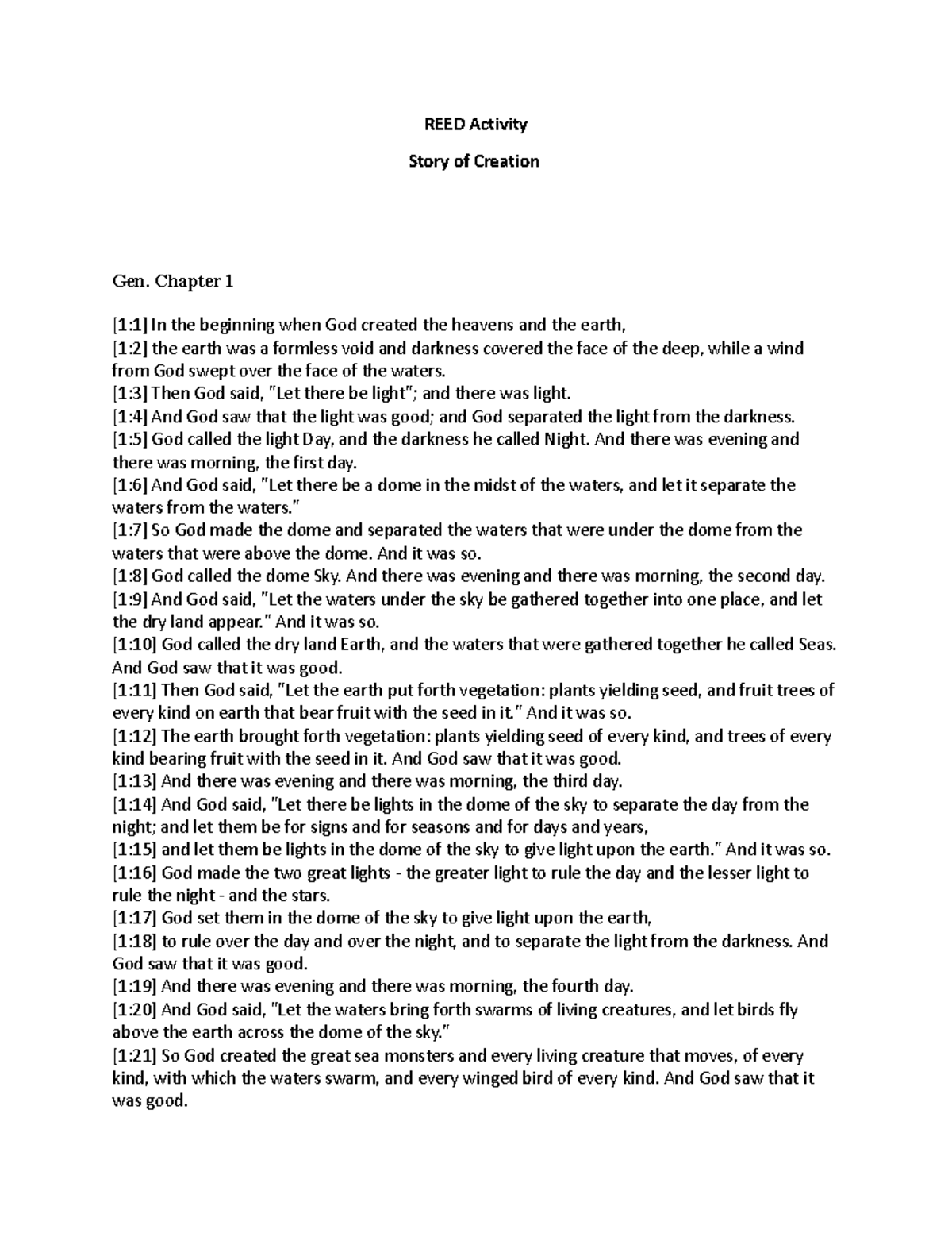 Reed story - Creation of Earth - REED Activity Story of Creation Gen ...