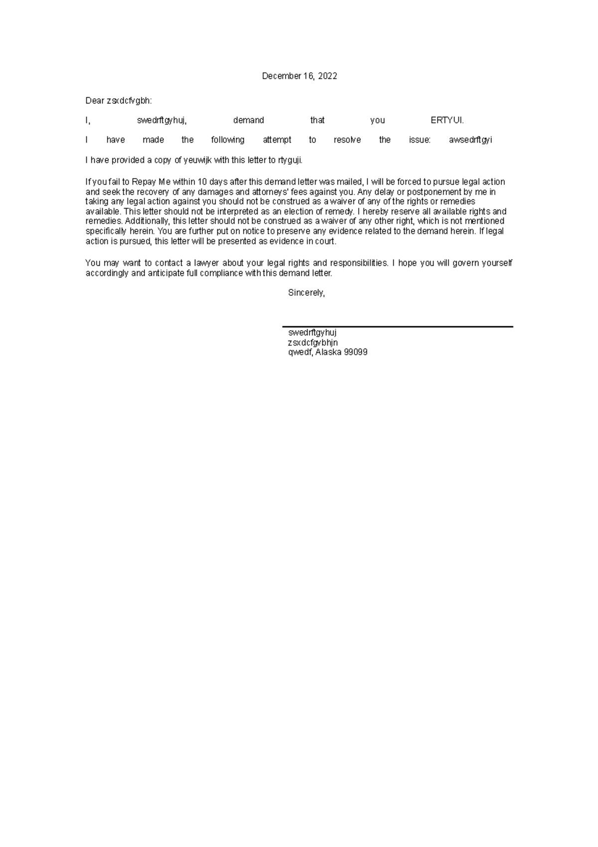 Action Required Demand Letter 1671090408887397746 - December 16, 2022 Dear zsxdcfvgbh: I, - Studocu