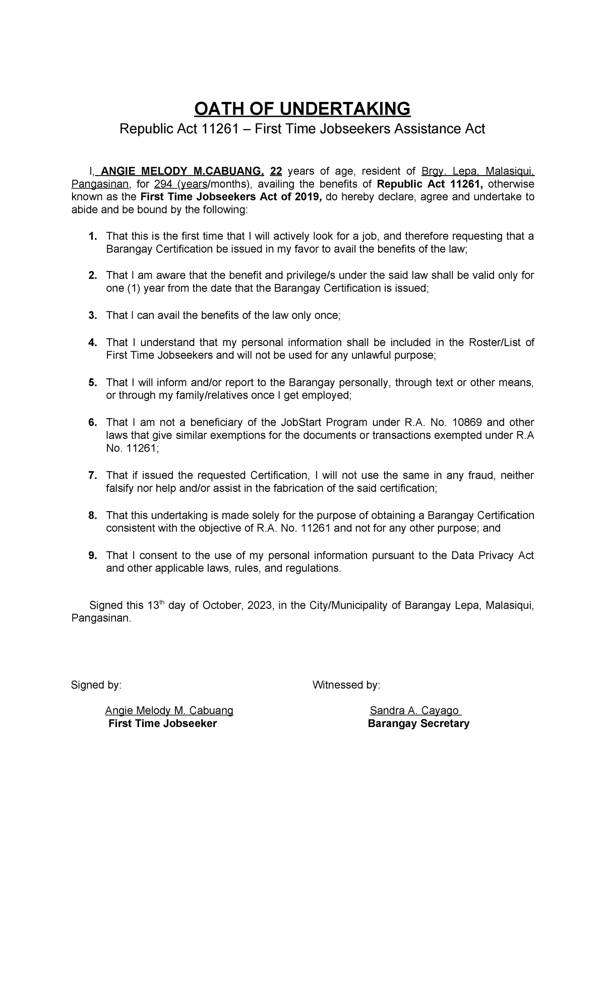 Certification of Oath Undertaking - OATH OF UNDERTAKING Republic Act ...