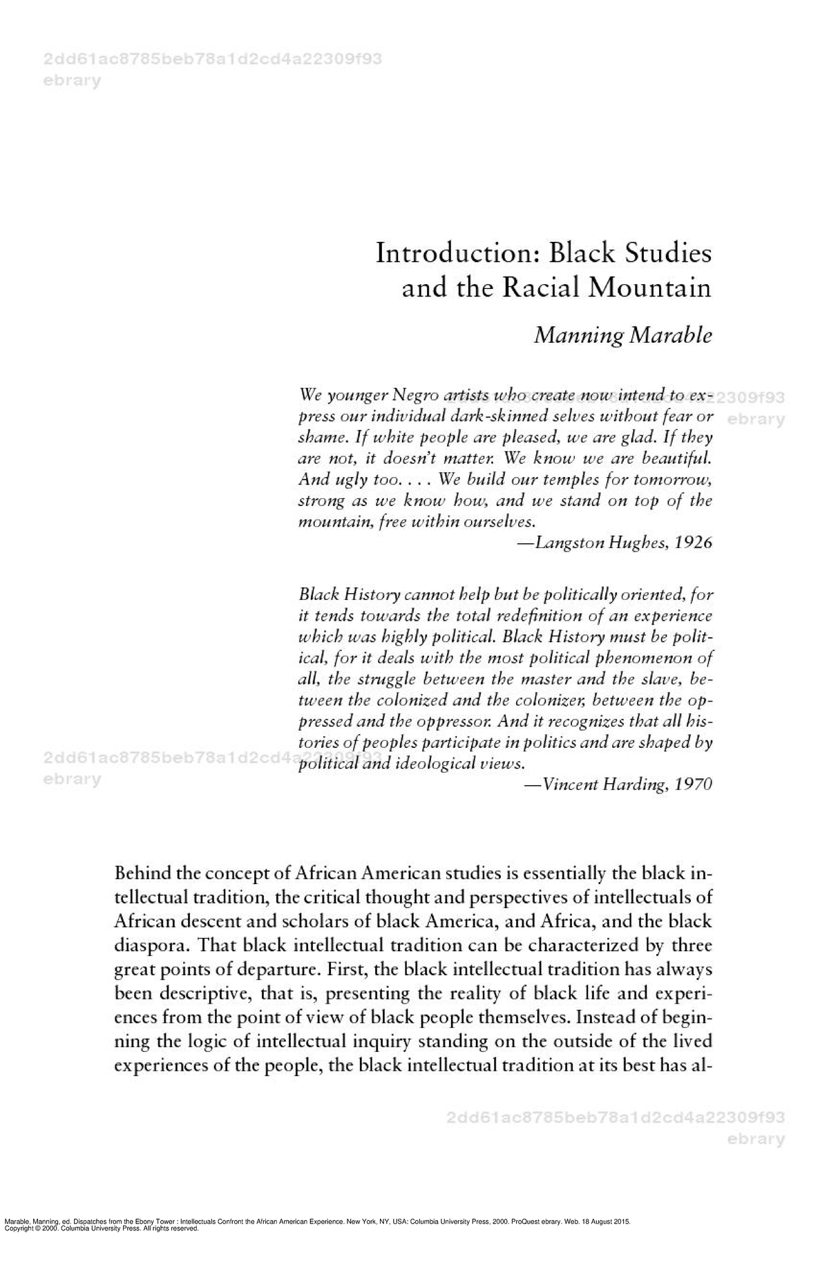 Manning Marable Introduction Black Studies and the Racial Mountain ...