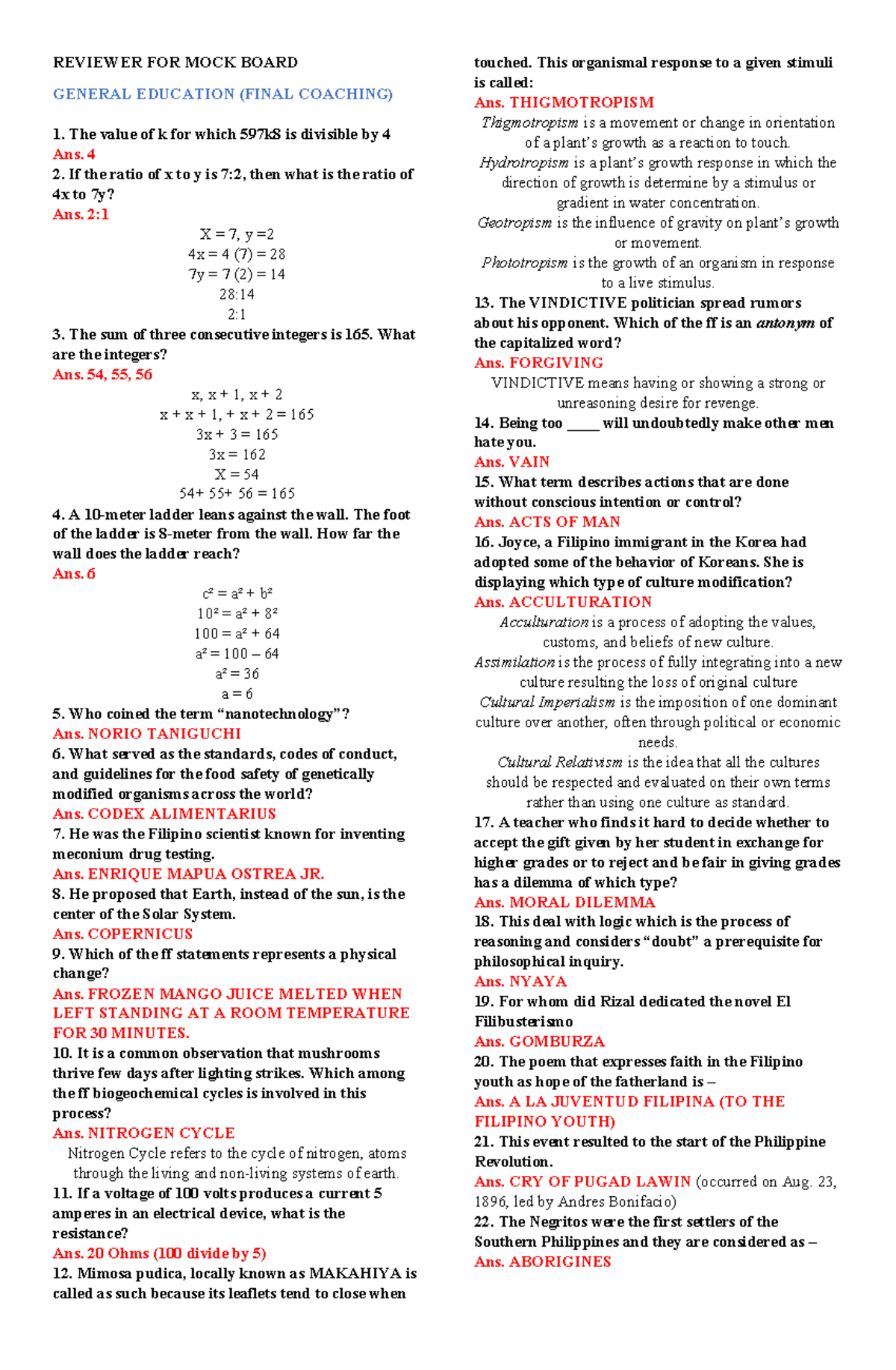 GEN-ED- Reviewer - review - REVIEWER FOR MOCK BOARD GENERAL EDUCATION ...