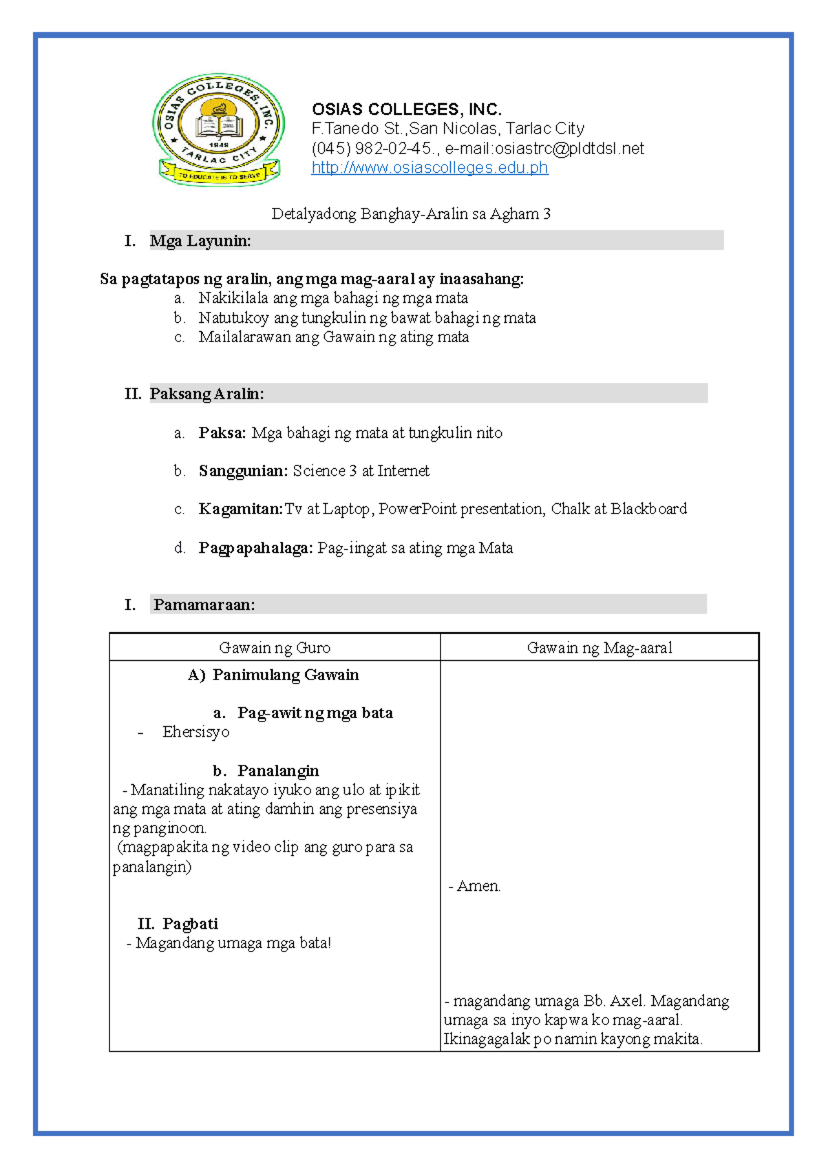 Bahagi ng mata dlp - This will help - OSIAS COLLEGES, INC. F St.,San ...