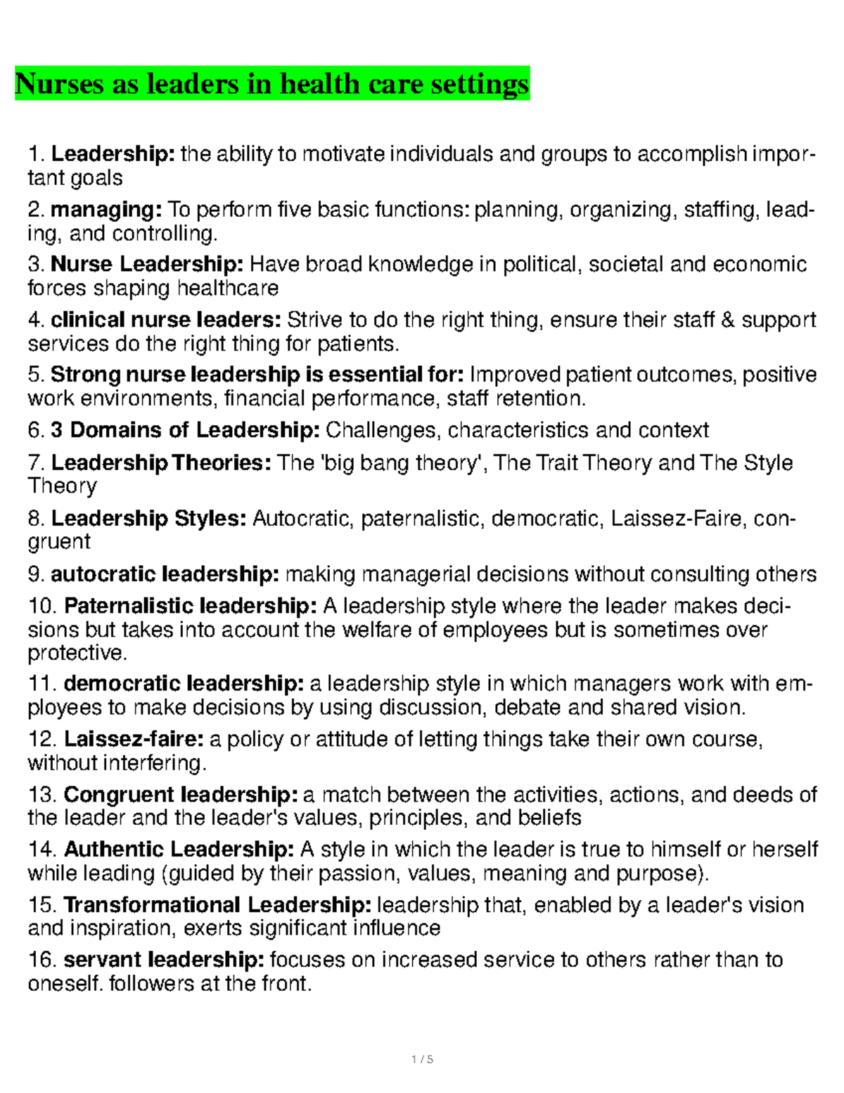 Nurses as leaders in health care settings - Nurses as leaders in health ...